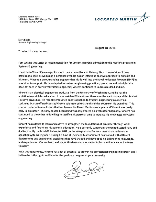 Lockheed Letter of Recommendation