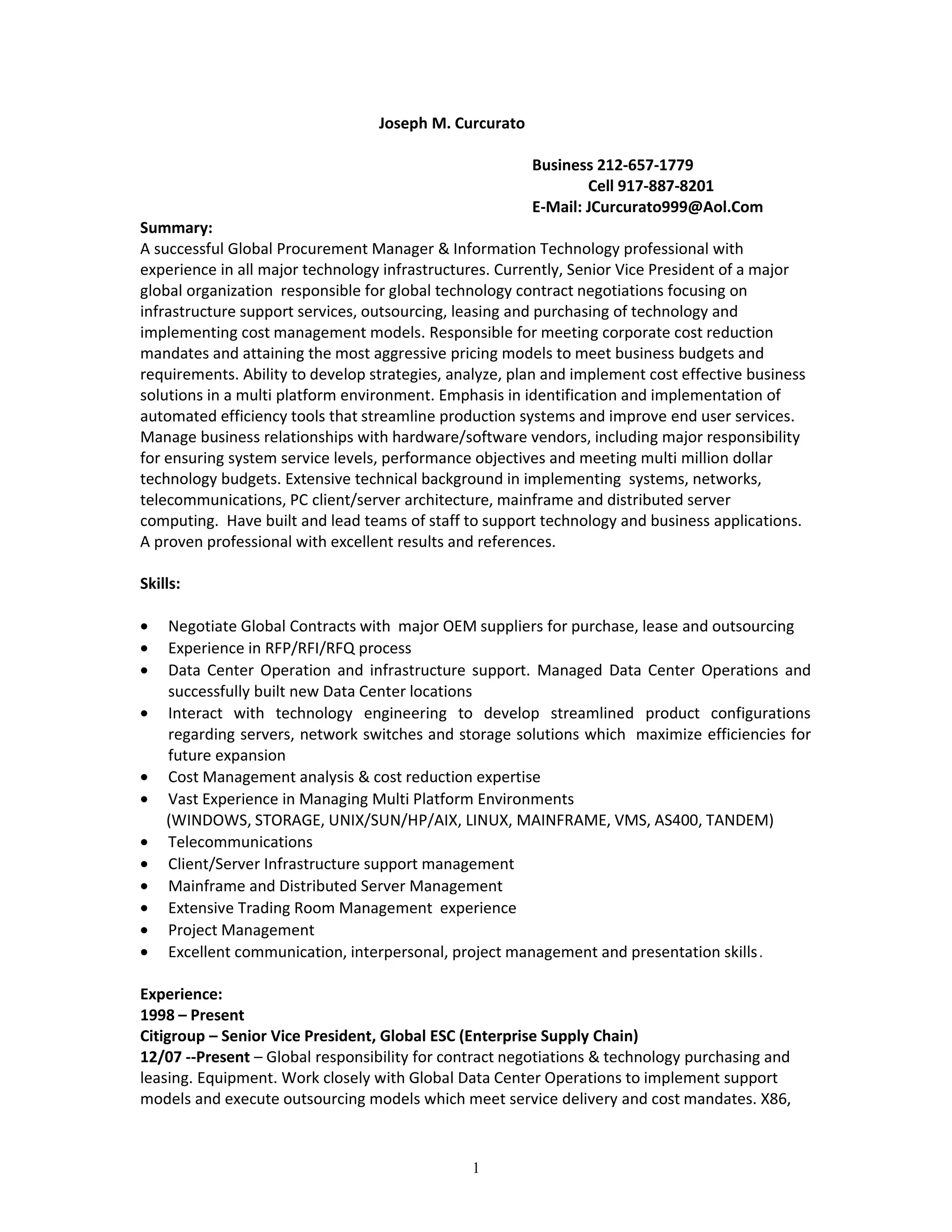 Resume of Joseph Curcurato | DOC