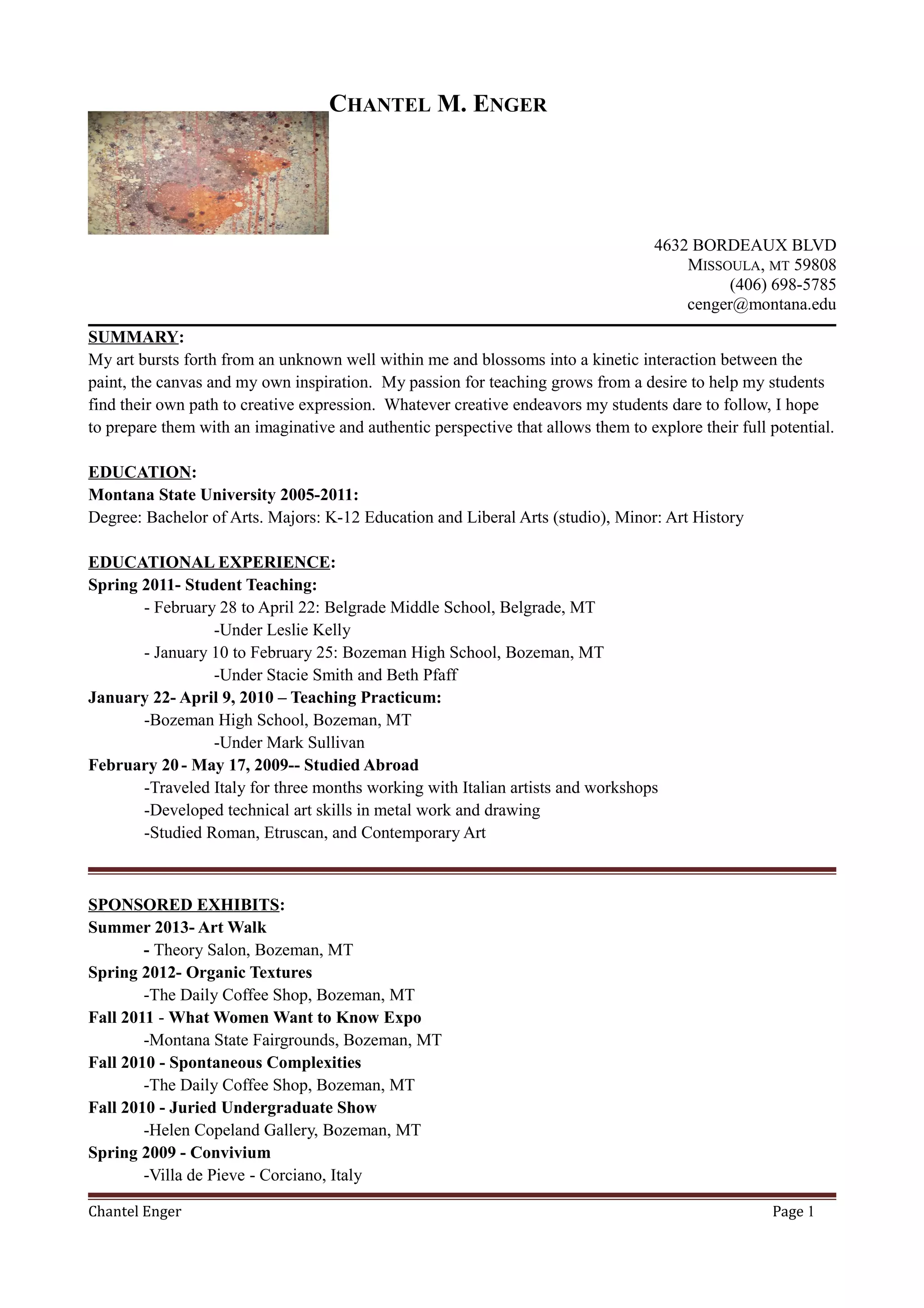 Chantel Enger resume1 | DOC | Education