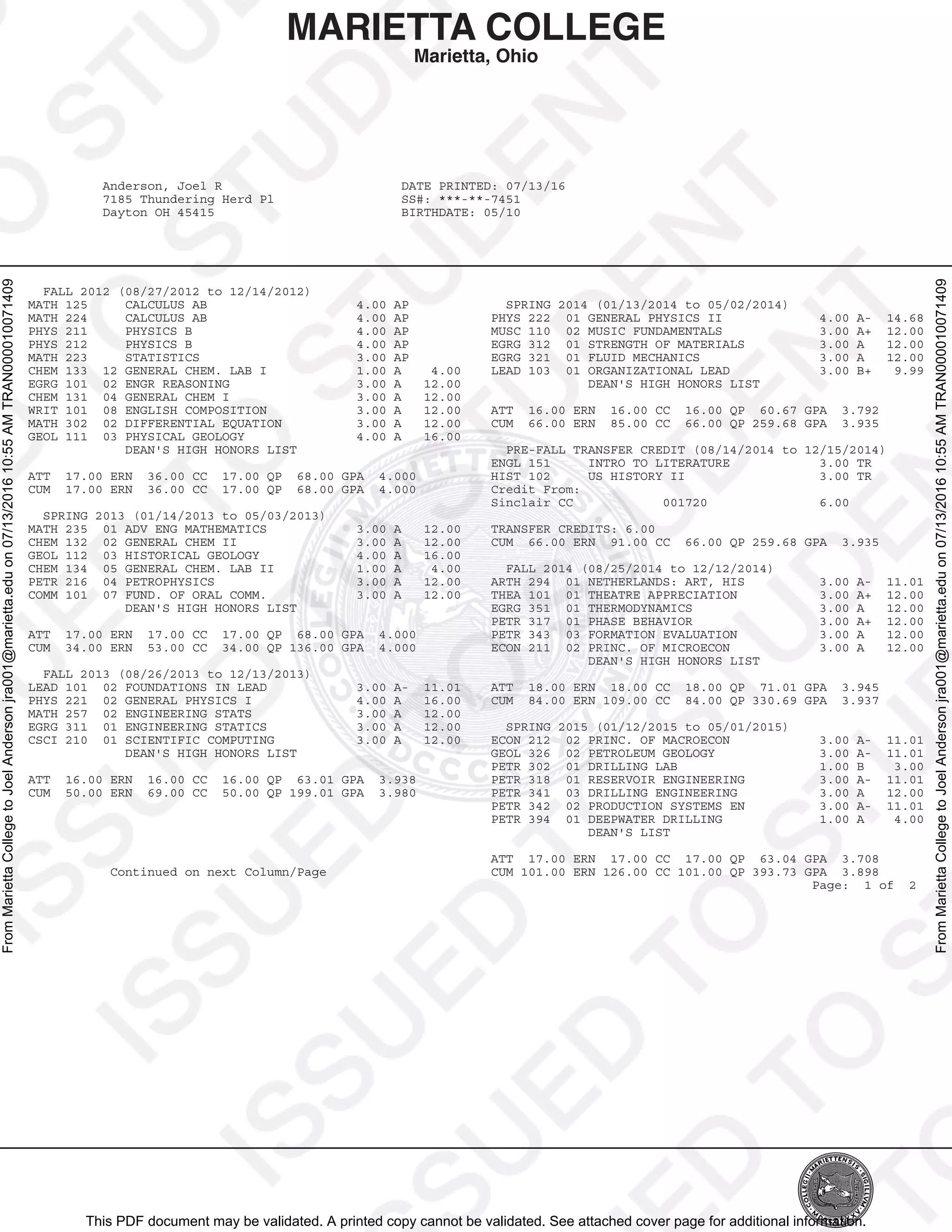 Official Transcript - Joel Anderson | PDF | Undergraduate Education ...