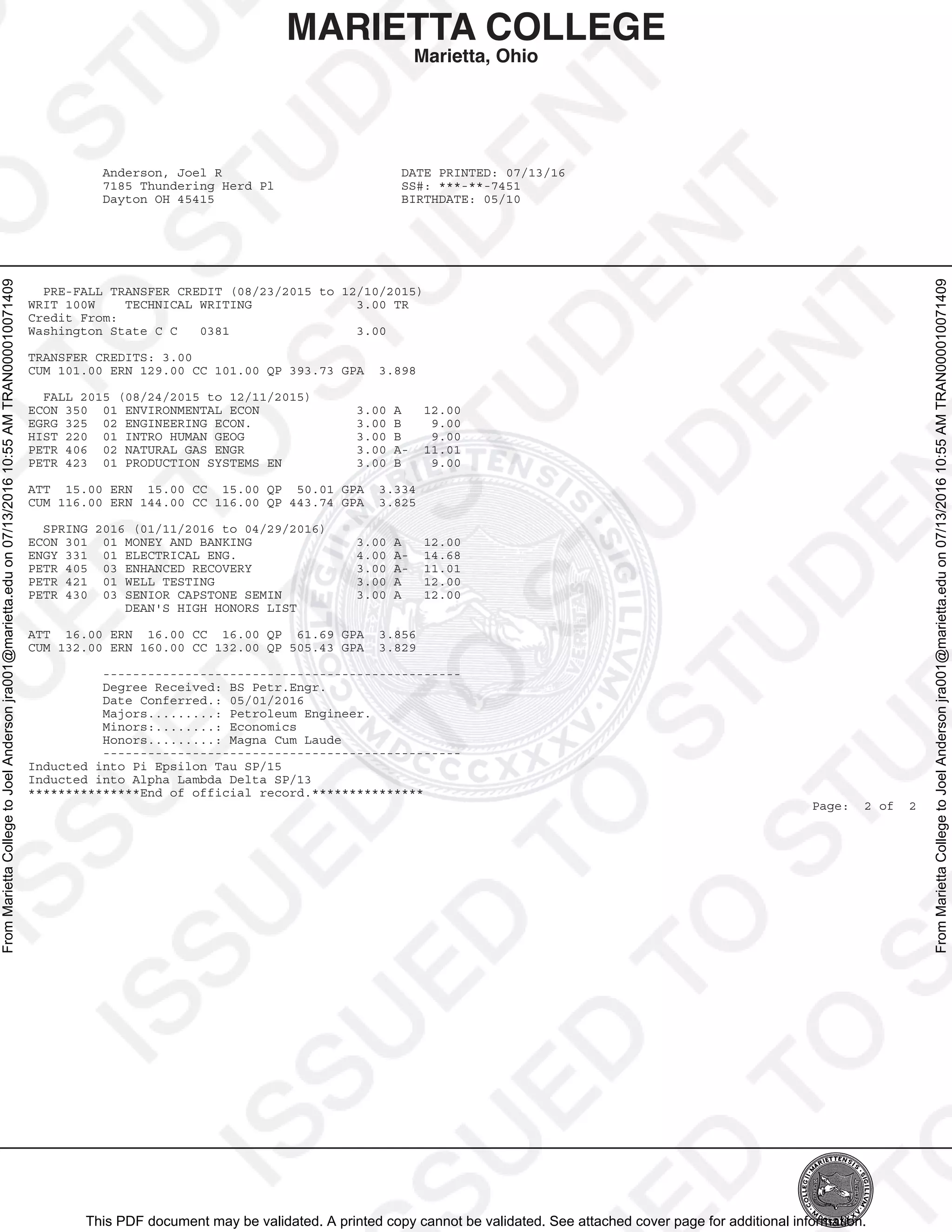 Official Transcript - Joel Anderson | PDF