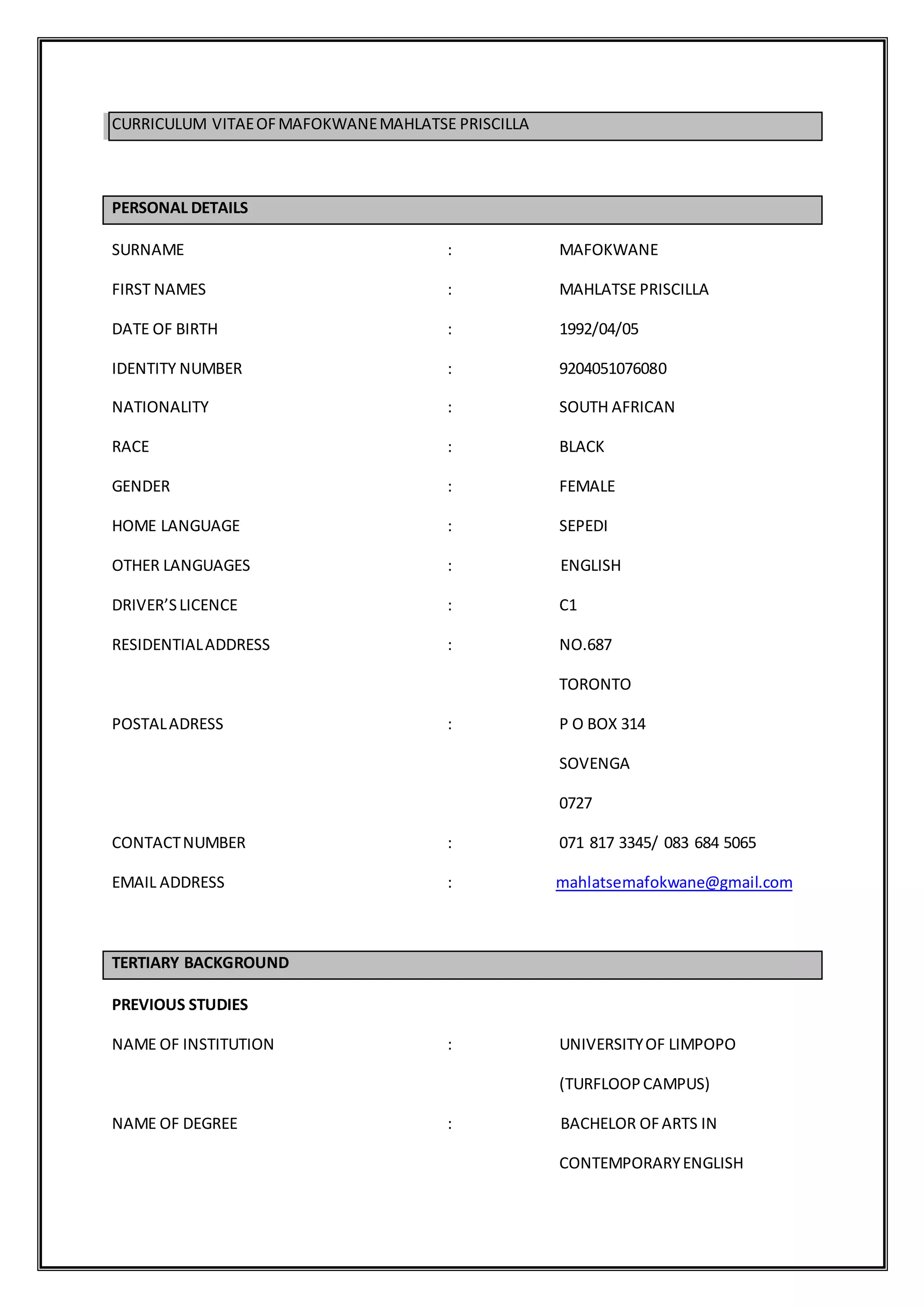 MAHLATSE CV - LP | PDF