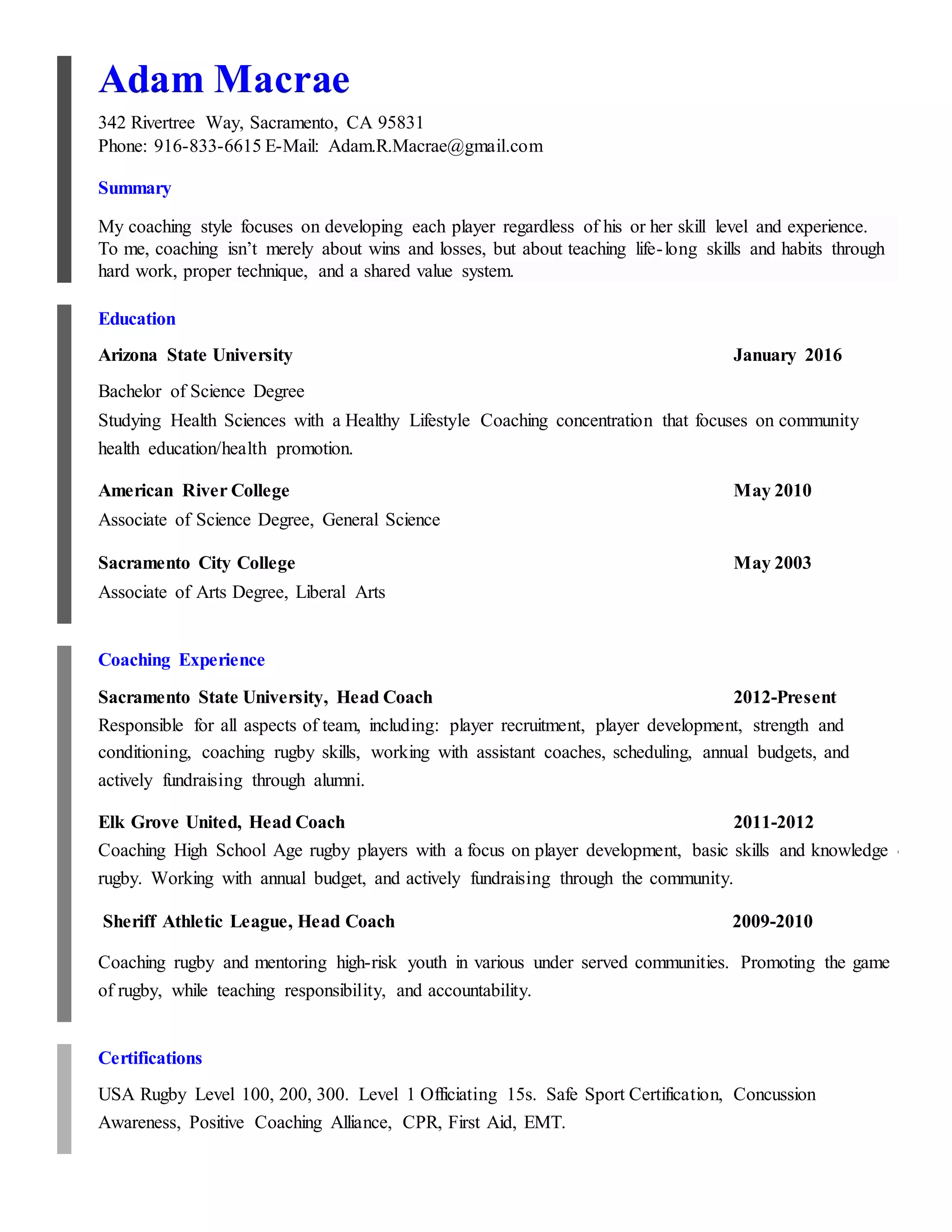 Rugbyresume | DOCX | Sports