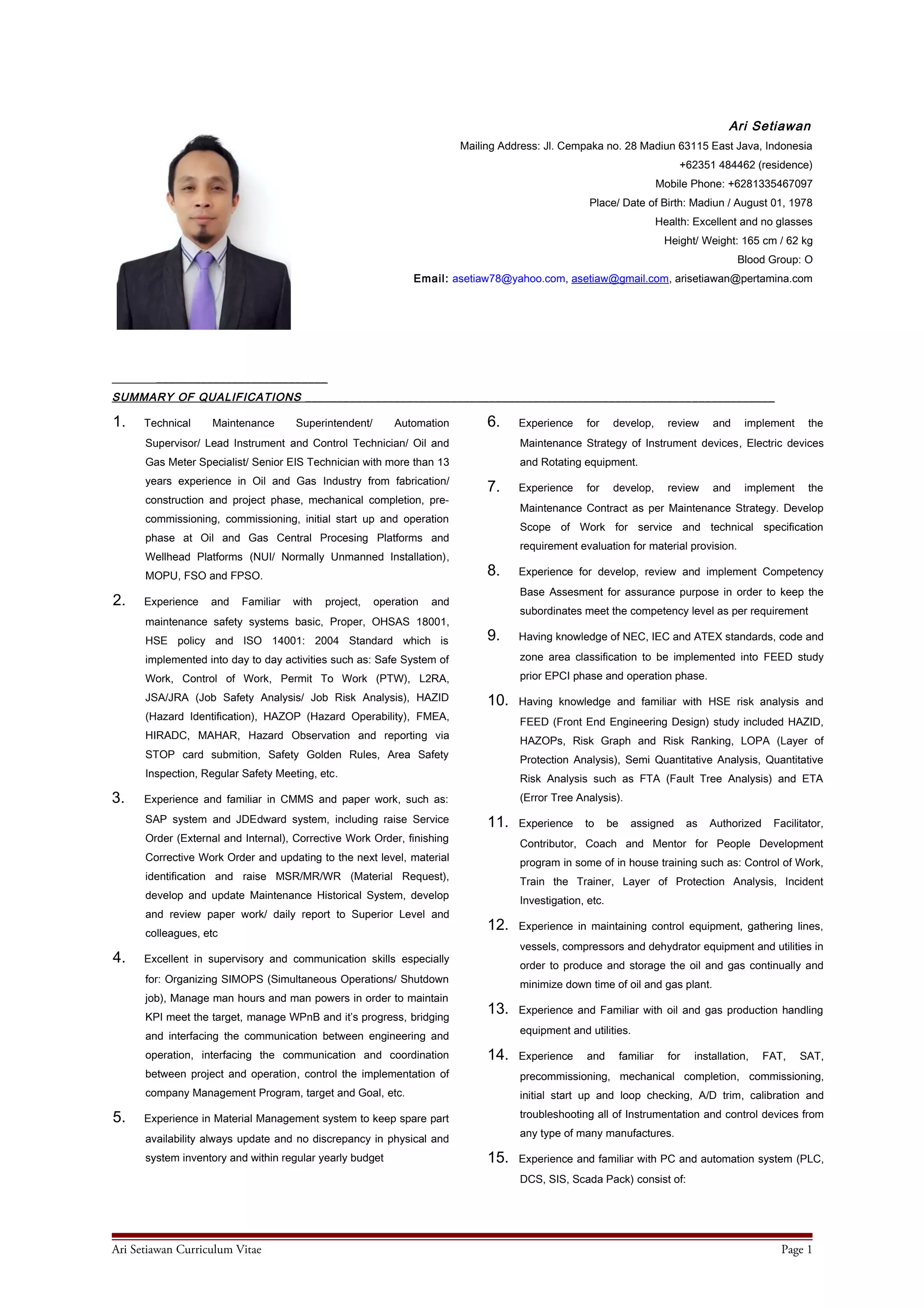 Ari Setiawan Curriculum Vitae & Photograph | DOC