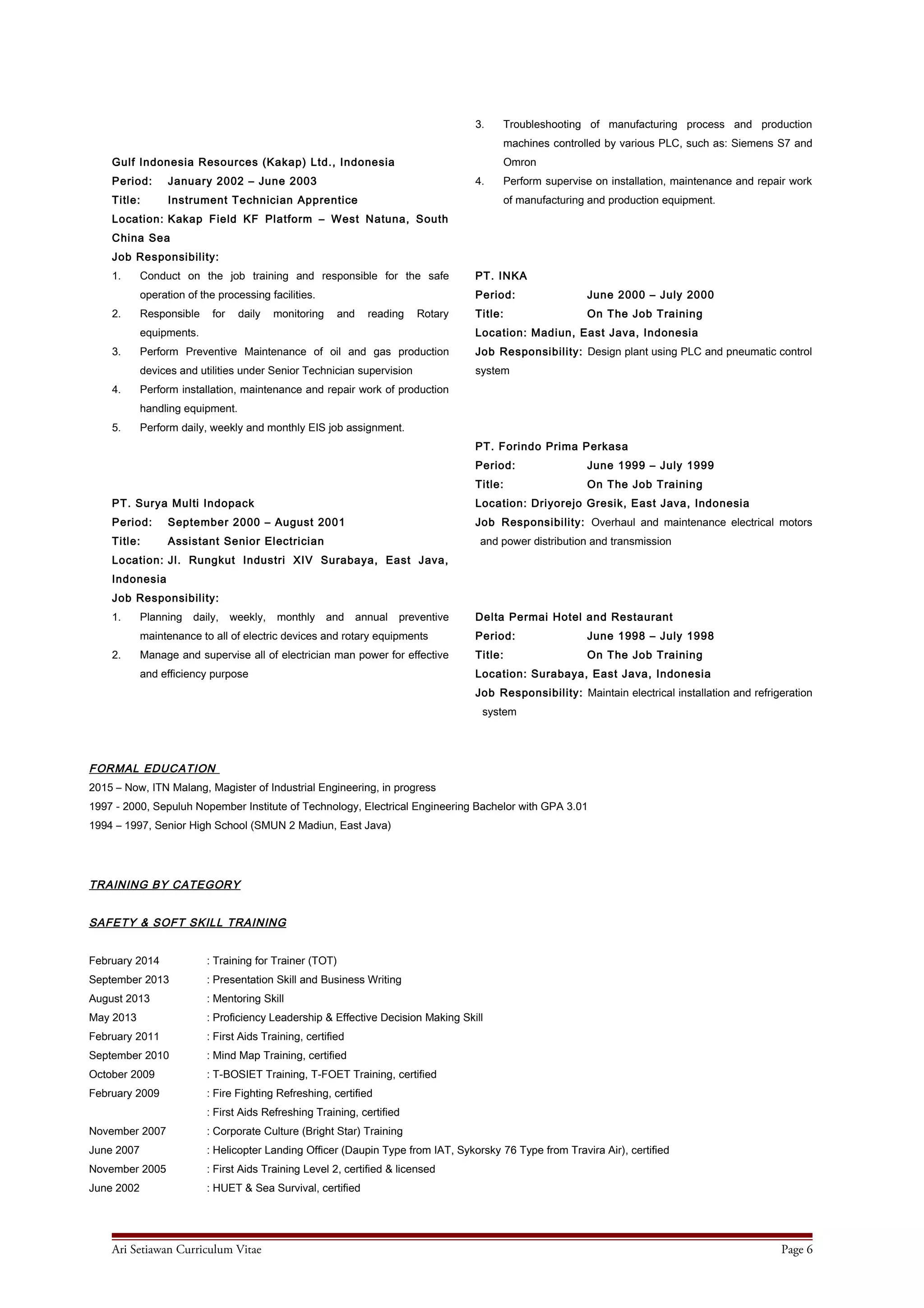 Ari Setiawan Curriculum Vitae & Photograph | DOC