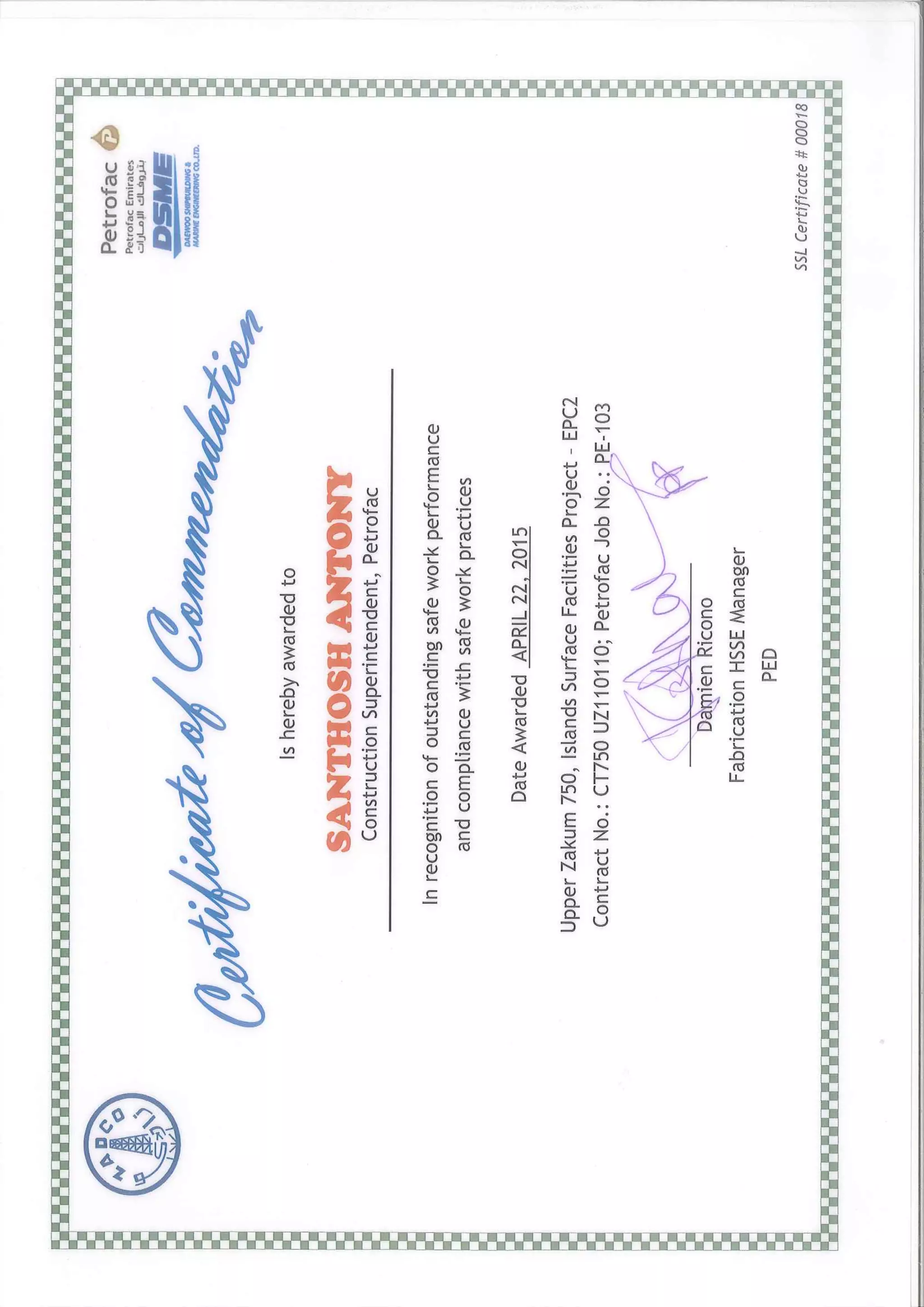 Certificate of commendation for the outstanding safe work performance | PDF
