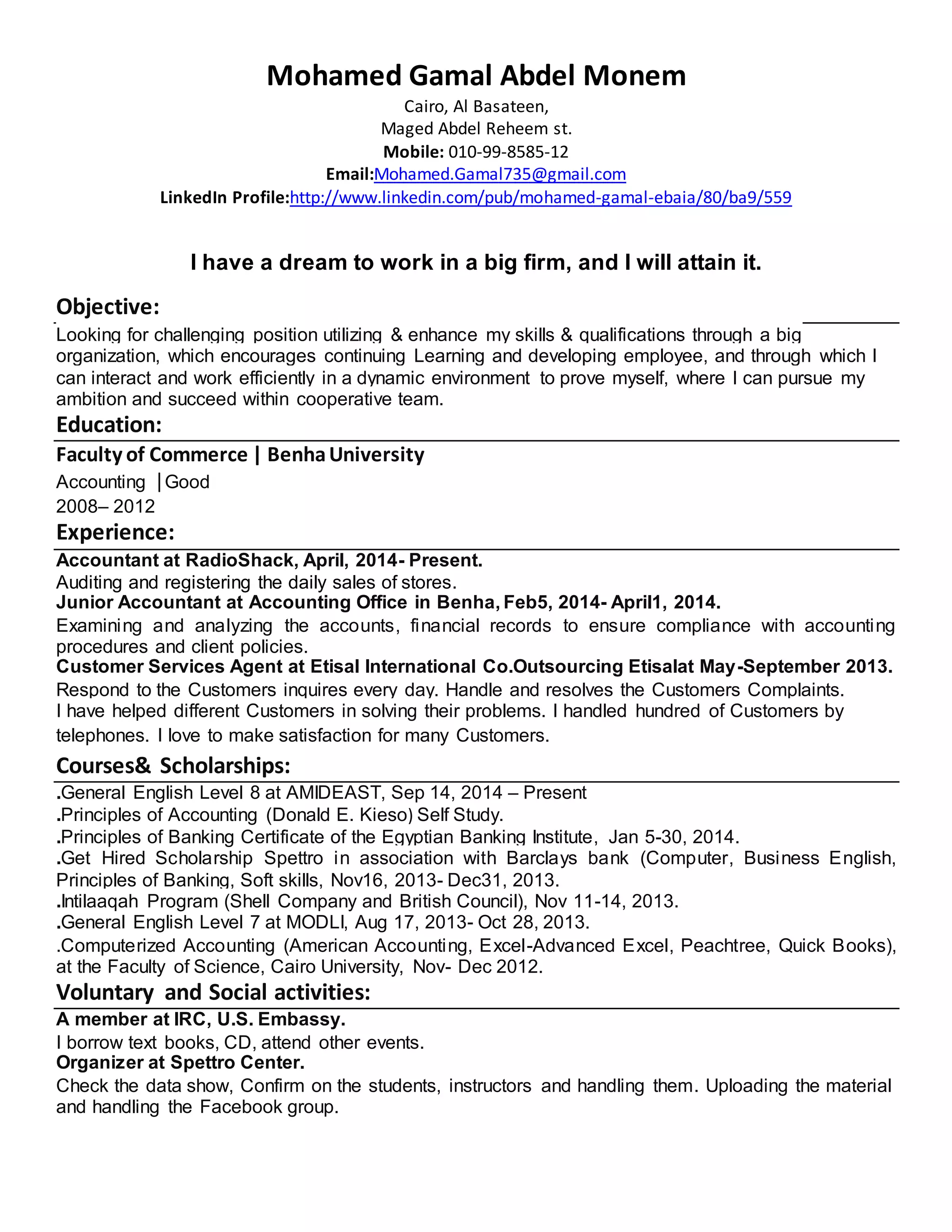 Mohamed Gamal (Accountant) | DOCX | Business Accounting & Finance | Business