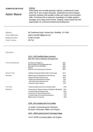 Adam Moore CV Sky | DOCX | Programming Languages | Computing
