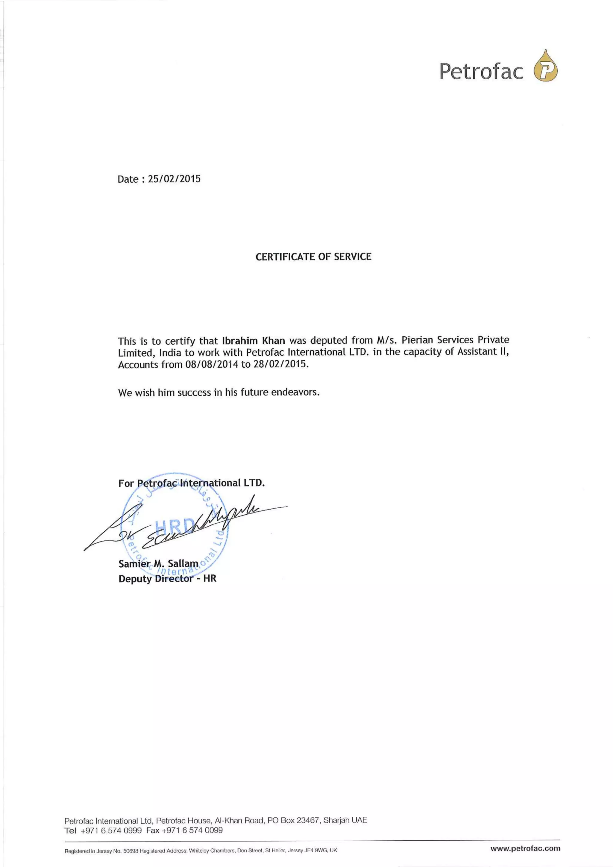 Service Certificate - Petrofac | PDF