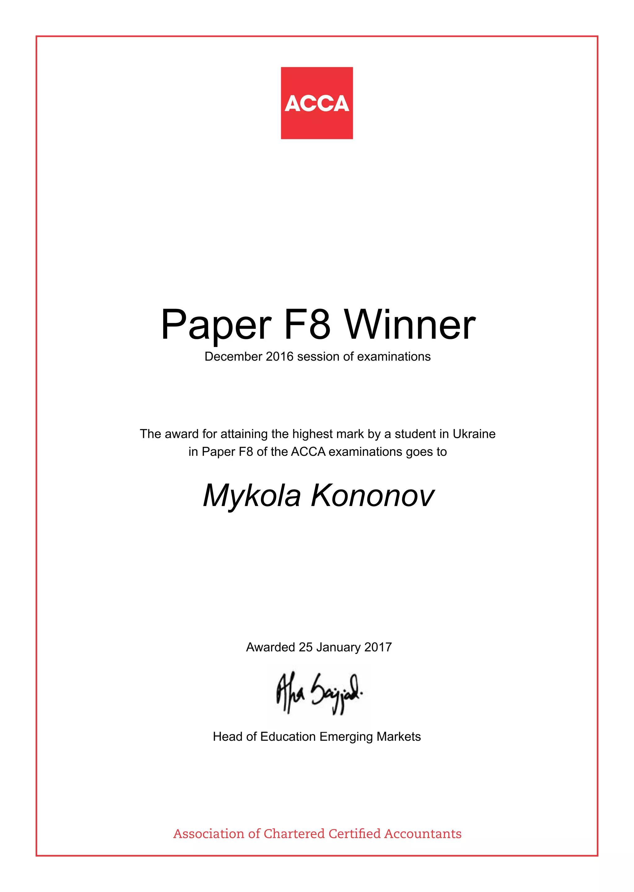 Mykola Kononov F8 Top Achiever Certificate | PDF | Business Accounting & Finance | Business