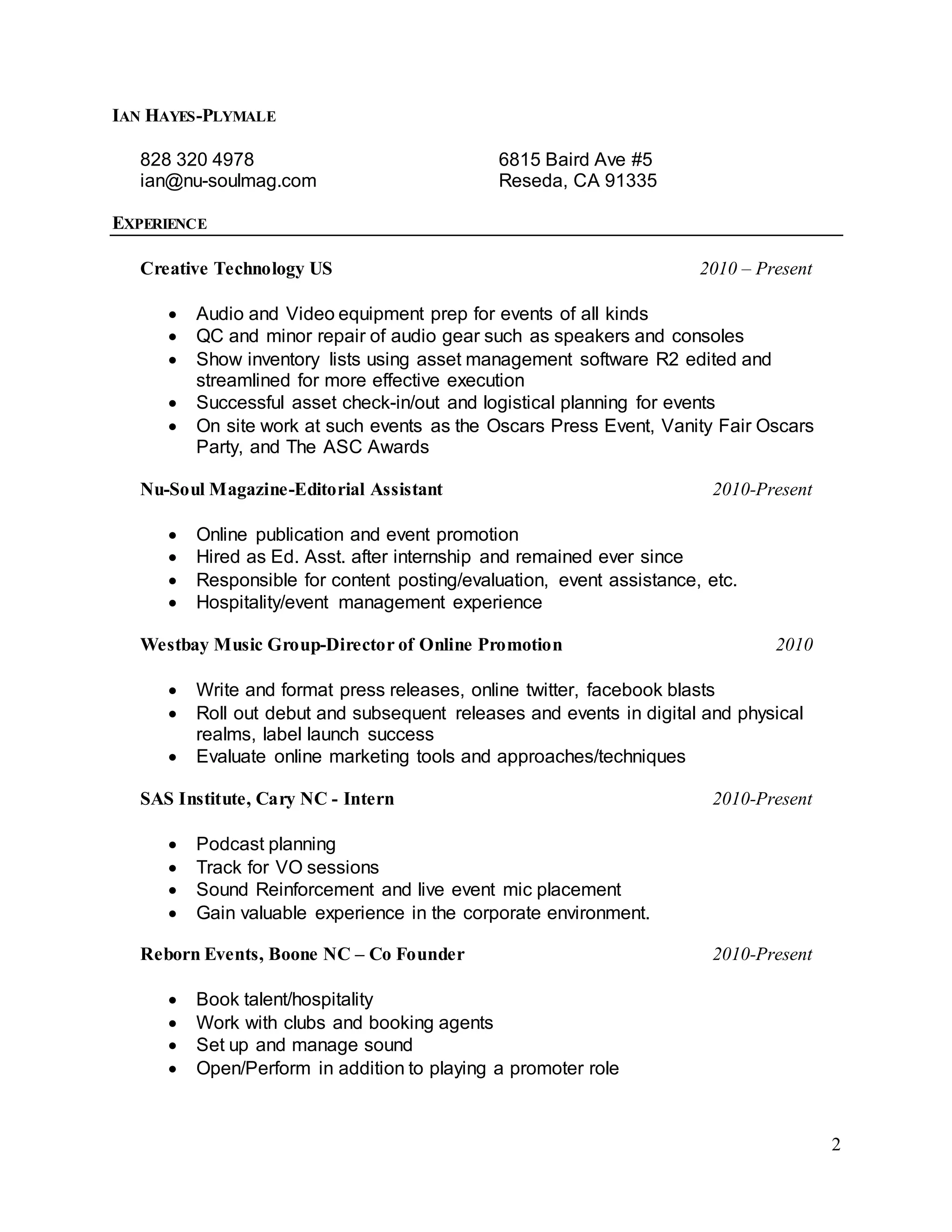 Ian Hayes-Plymale August 2015 Resume | DOCX