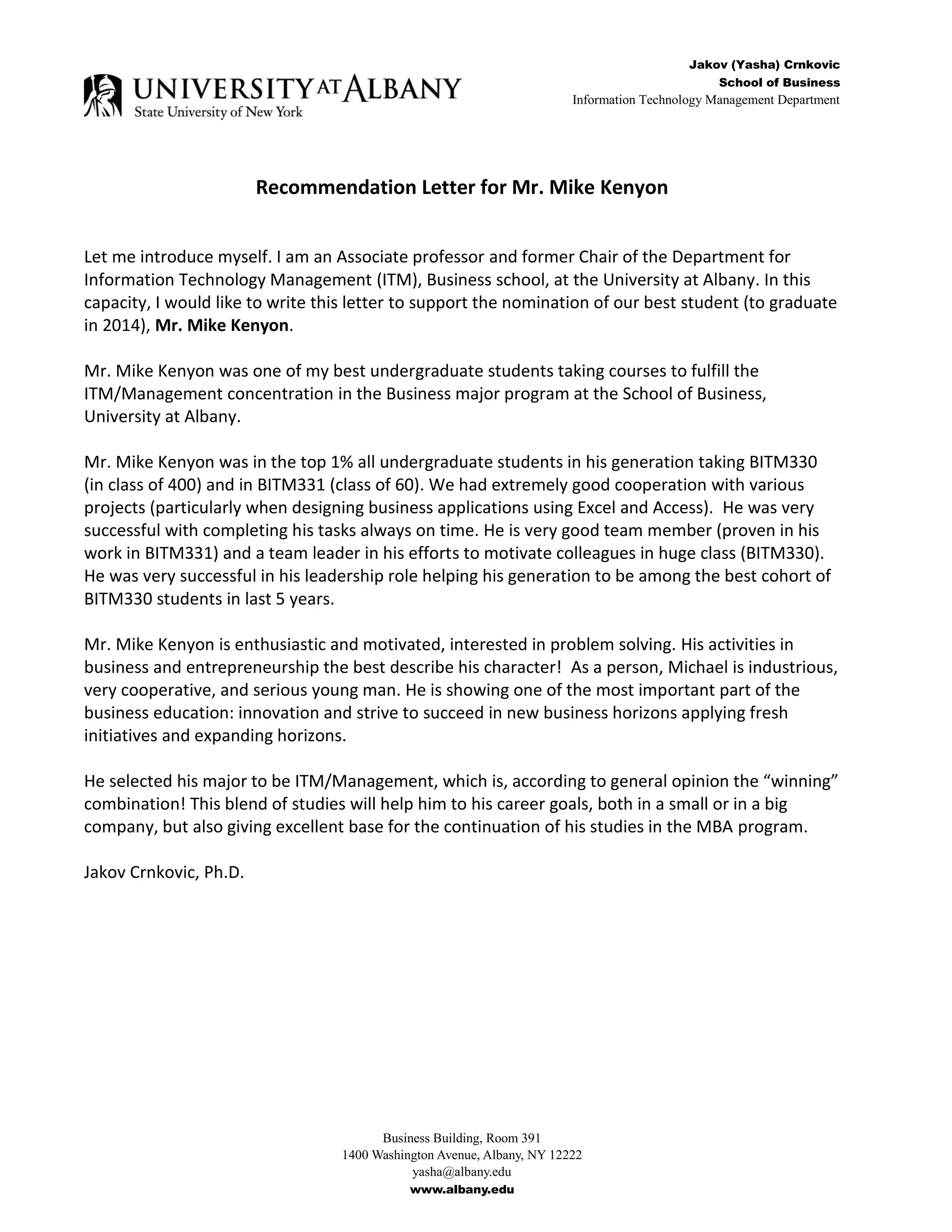 Jakov (Yasha) Crnkovic, Ph.D. Recommendation Letter | PDF | Business ...