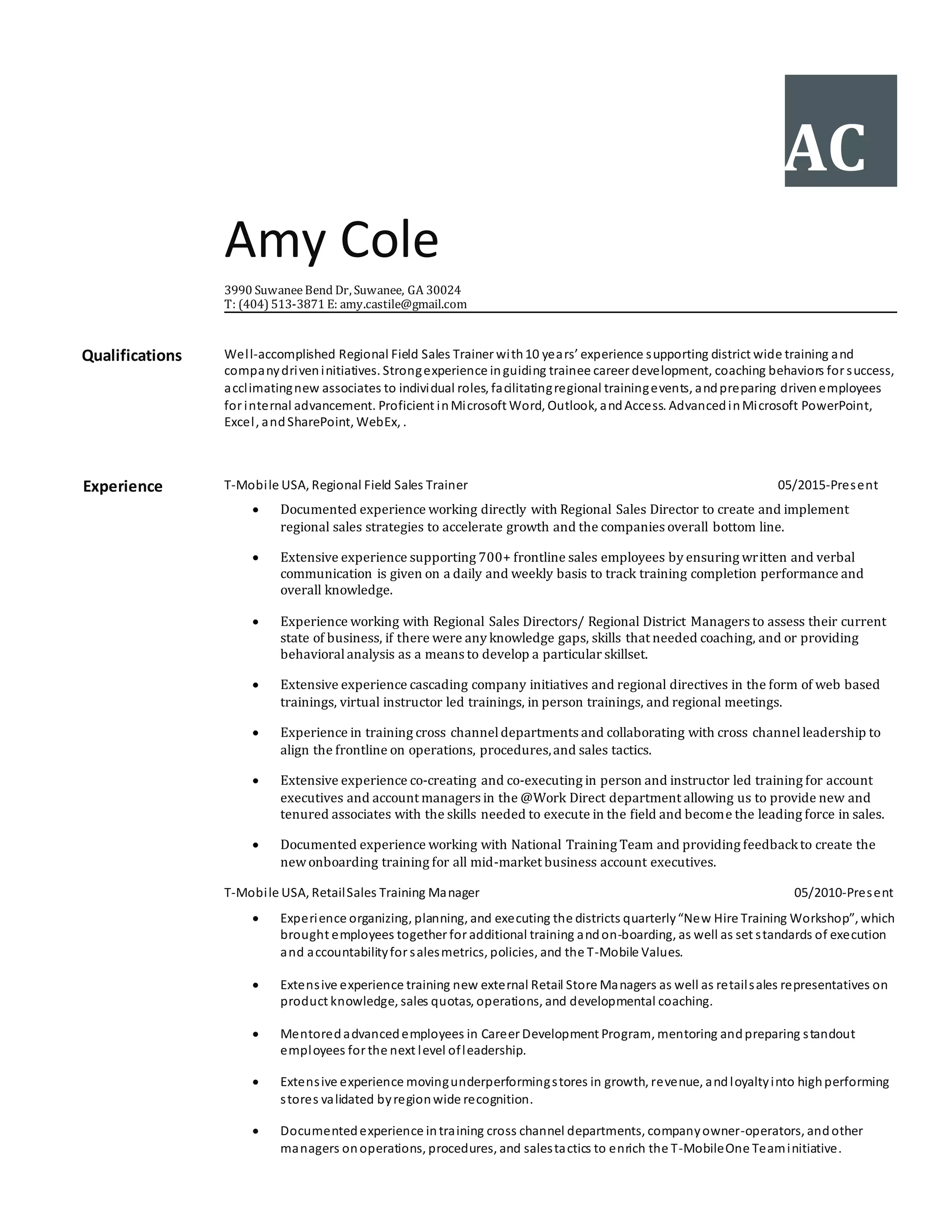 Amy Cole Resume 2016 | DOCX | Sales | Business