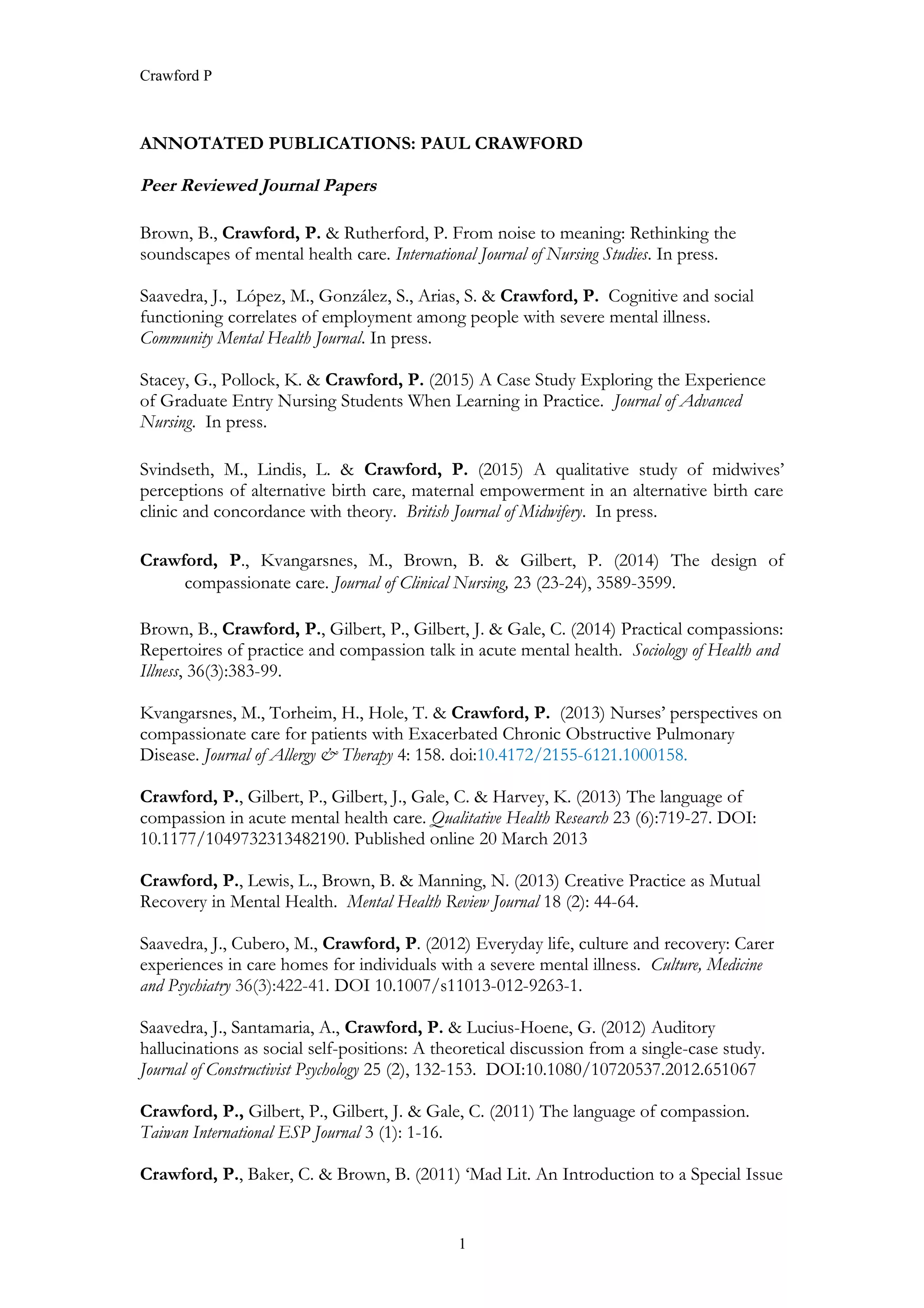 Annotated Publications Professor Crawford | DOC | Mental Health ...