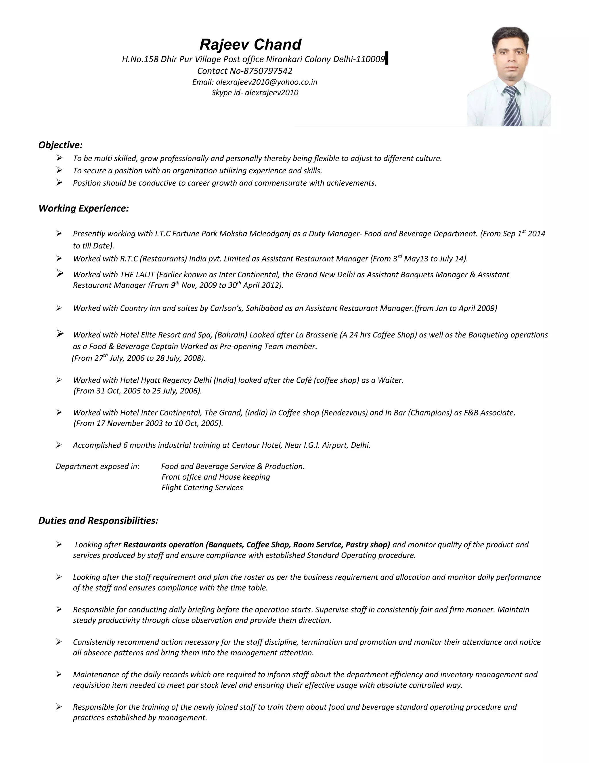 Rajeev cv cv | DOC | Hospitality Industry | Industries