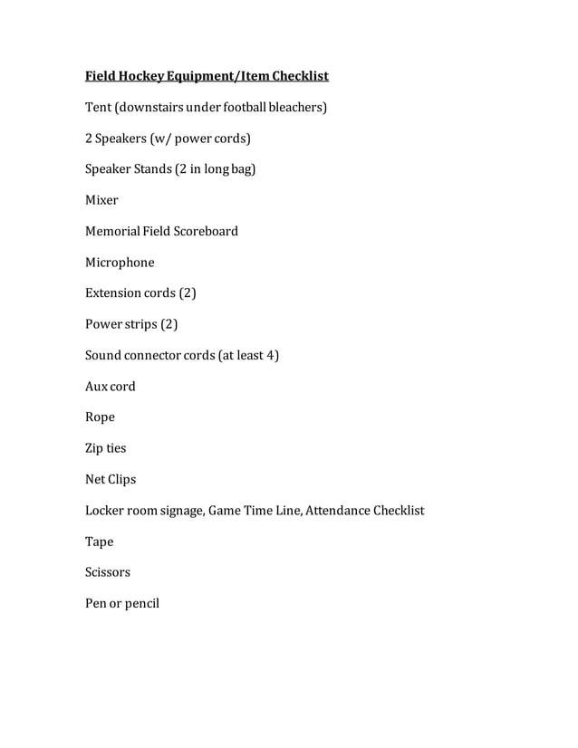 Field Hockey Equipment Checklist | DOCX