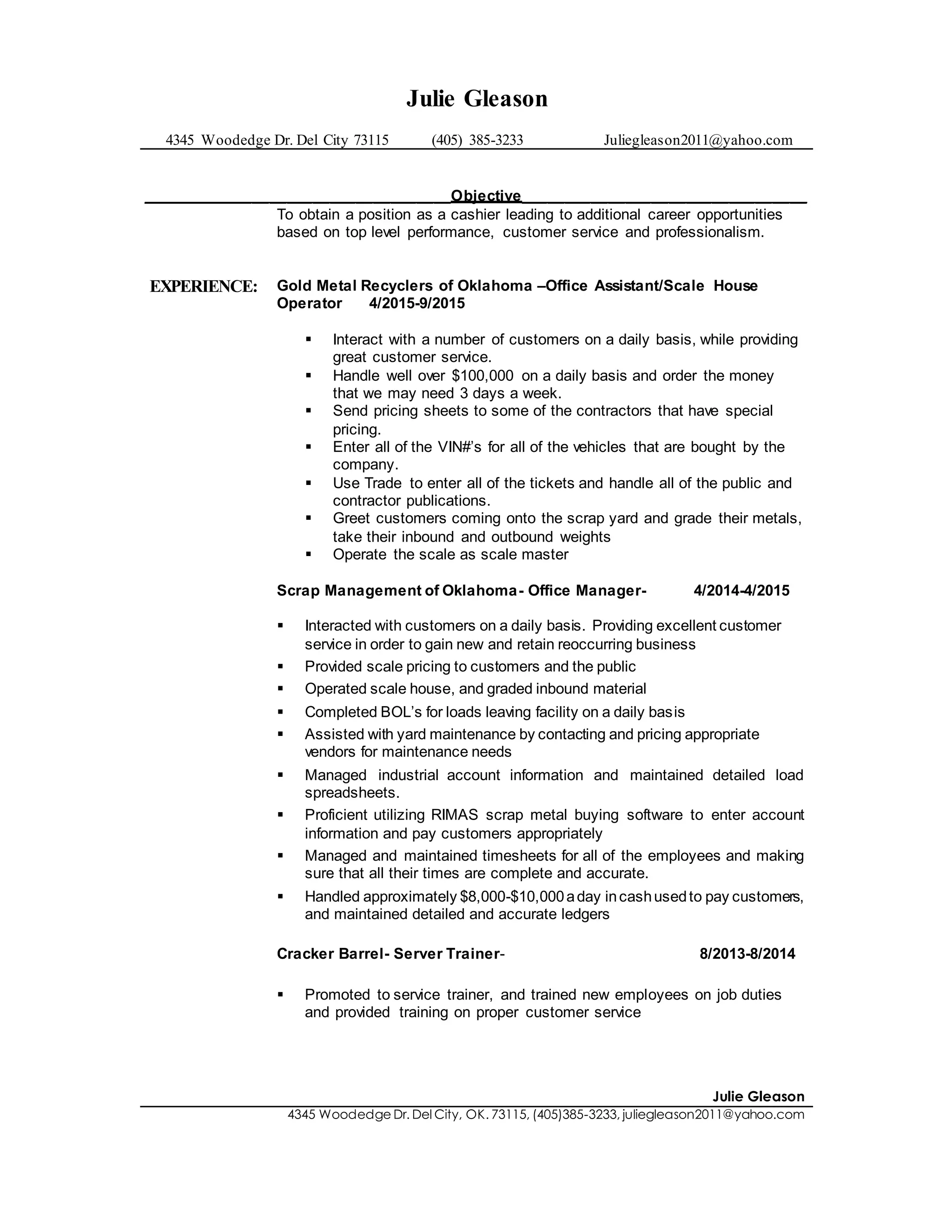 Julie Gleason Resume | DOCX | Business | Business and Finance