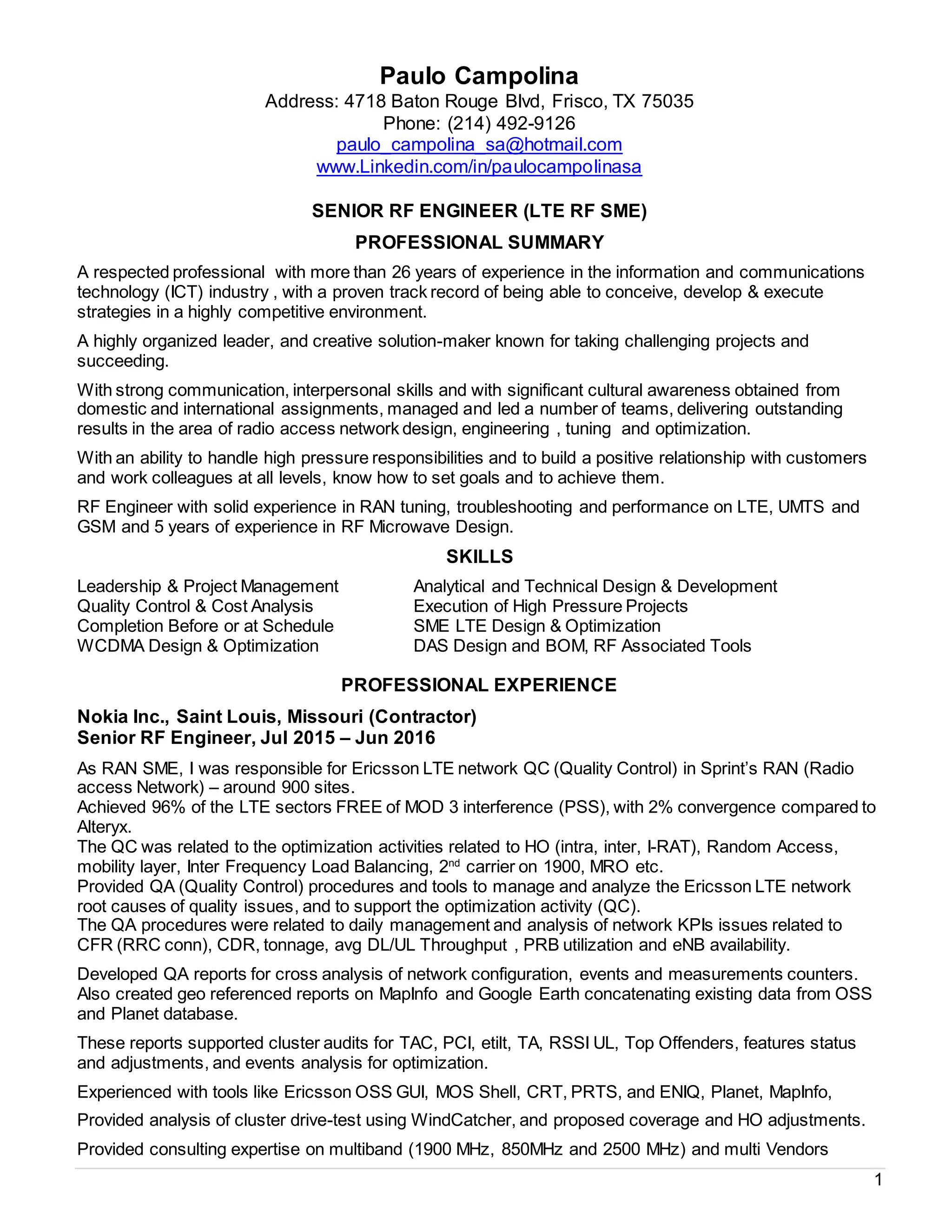 Paulo Campolina Resume - Sr RF Engineer 09182016 | DOCX