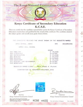 K.C.S.E CERTIFICATE | PDF