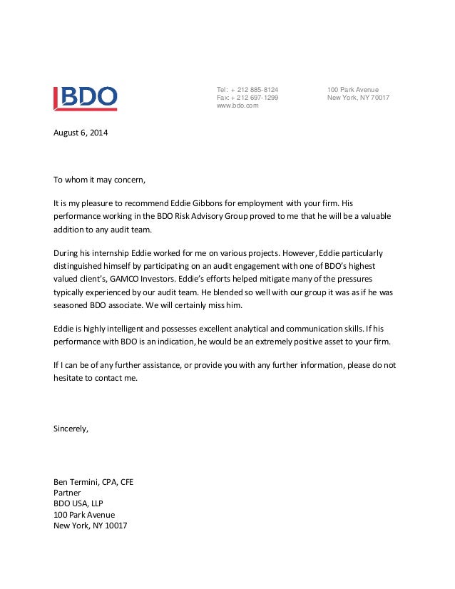 BDO letter of rec
