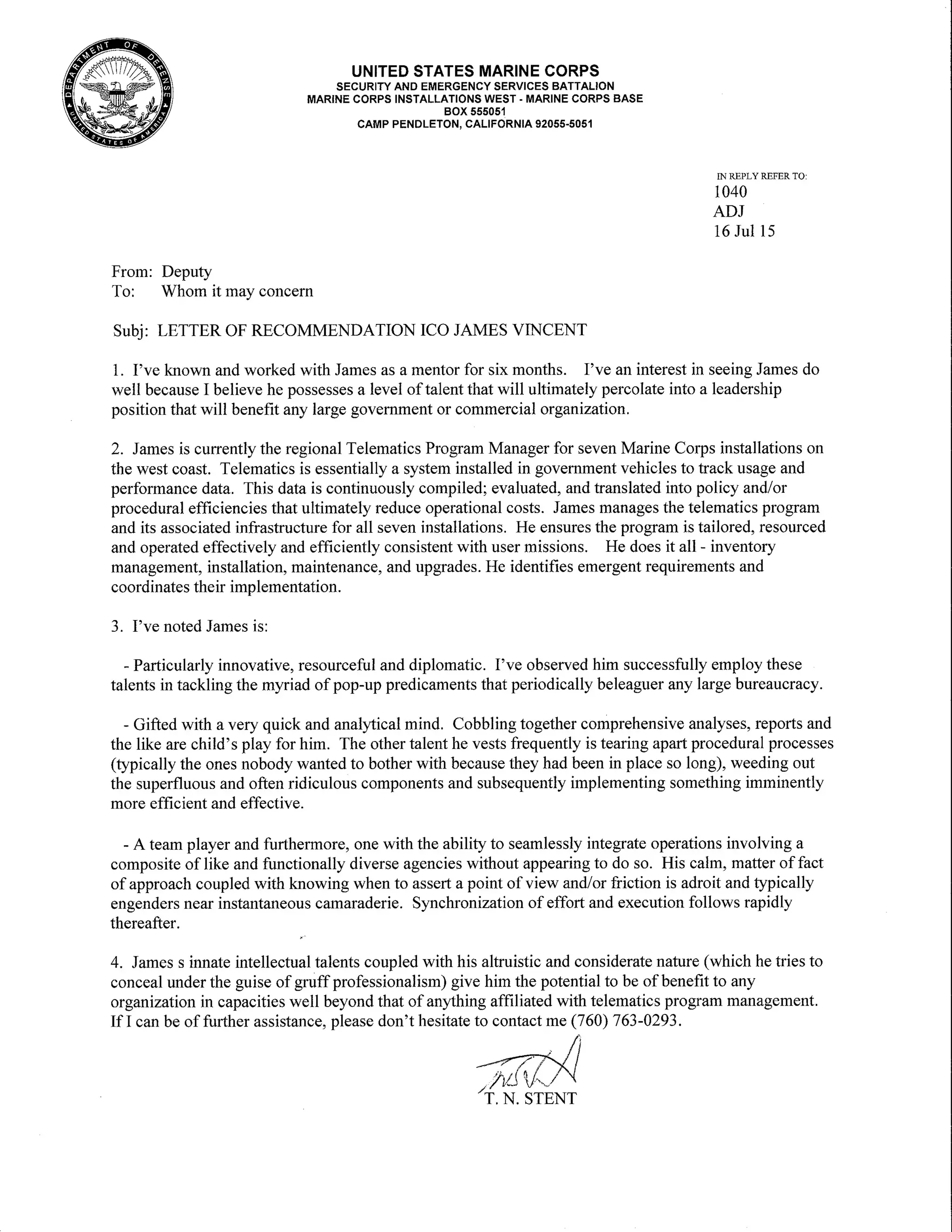 Military Police Department Head (Mentor) Letter Of Recomendation July ...