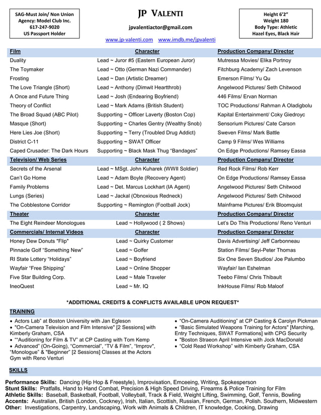 JP Valenti Acting Resume 2016 | PDF | Entertainment