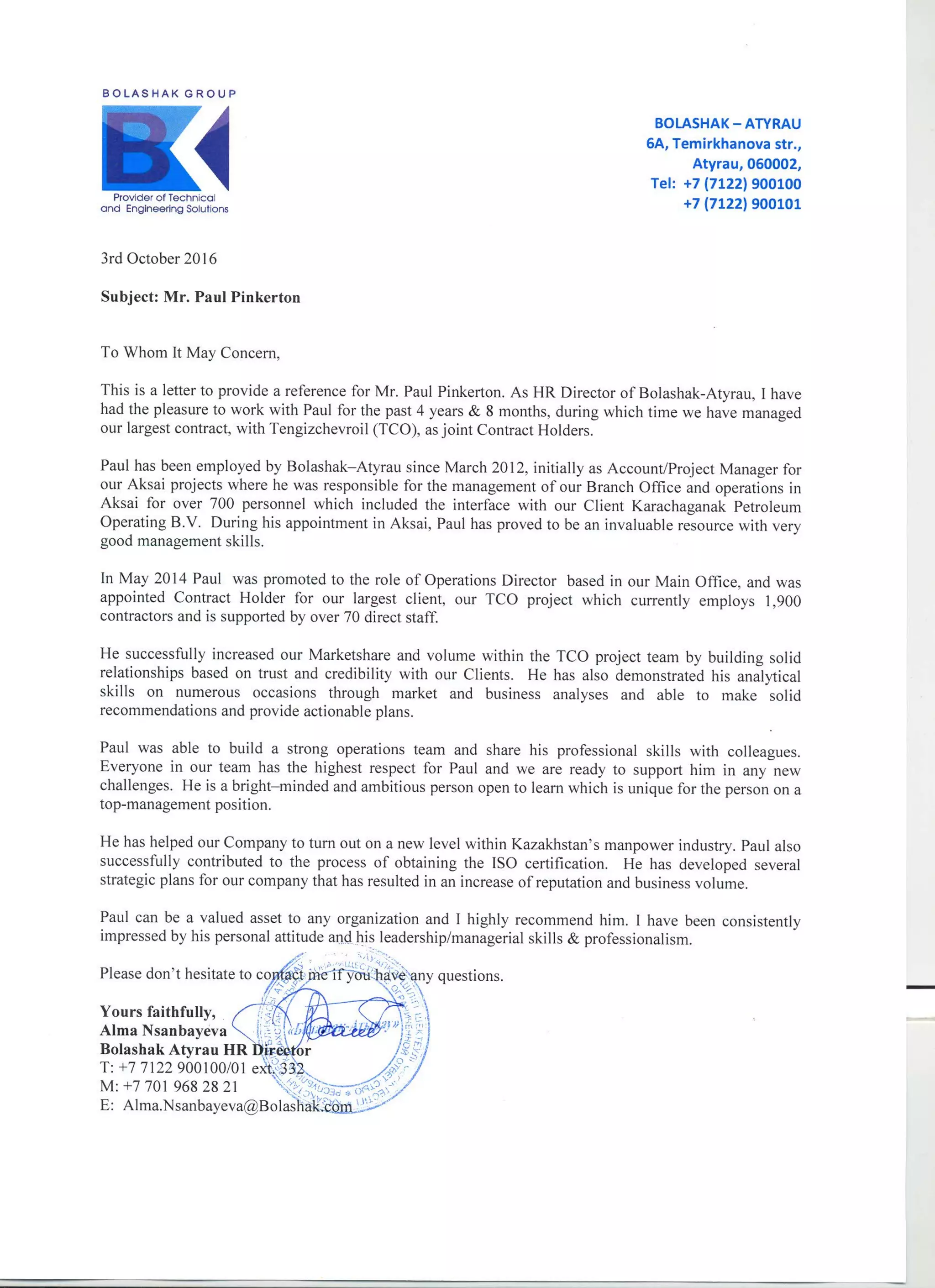 Paul Pinkerton Ref. Letter, HR Director 031016 | PDF