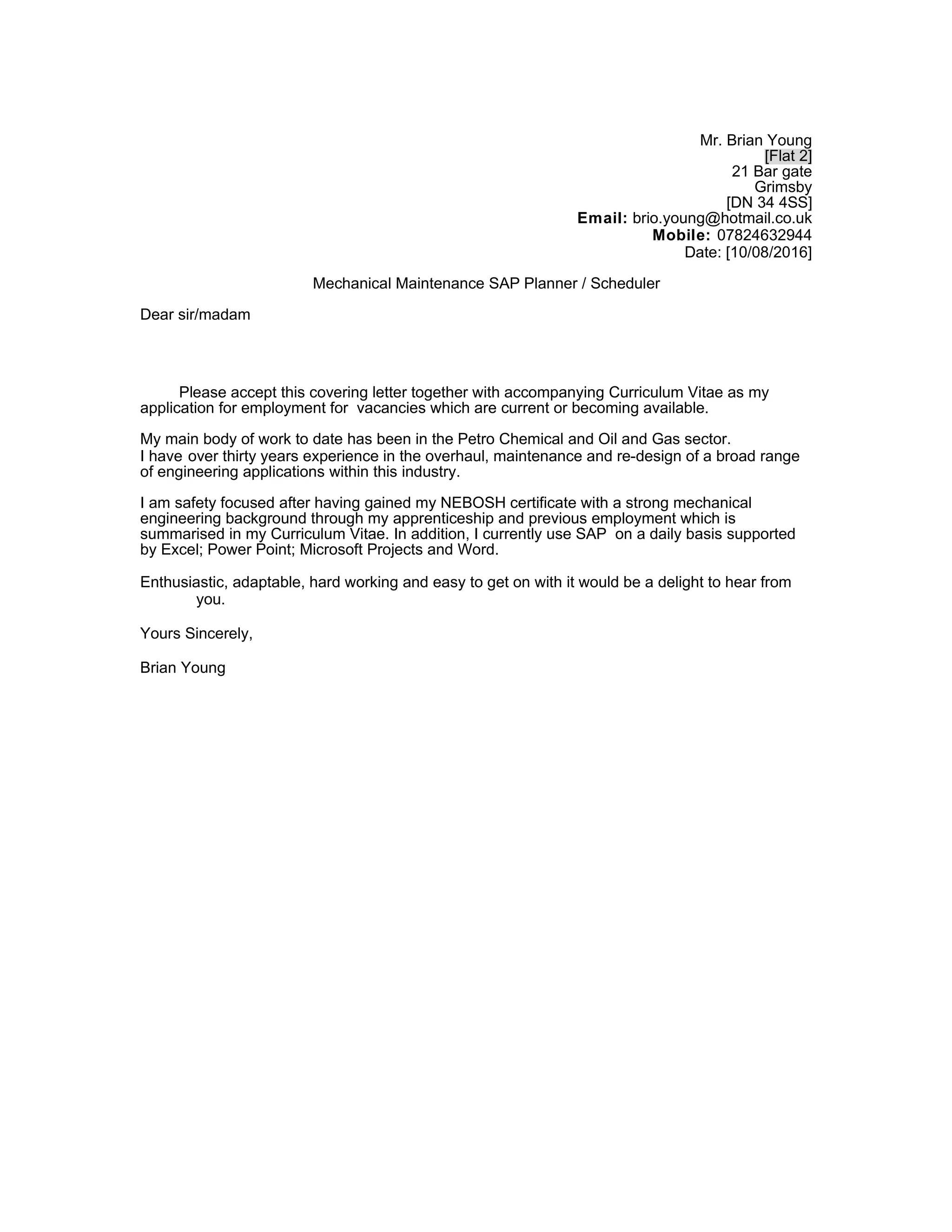 Brian Young CV + covering letter | DOC