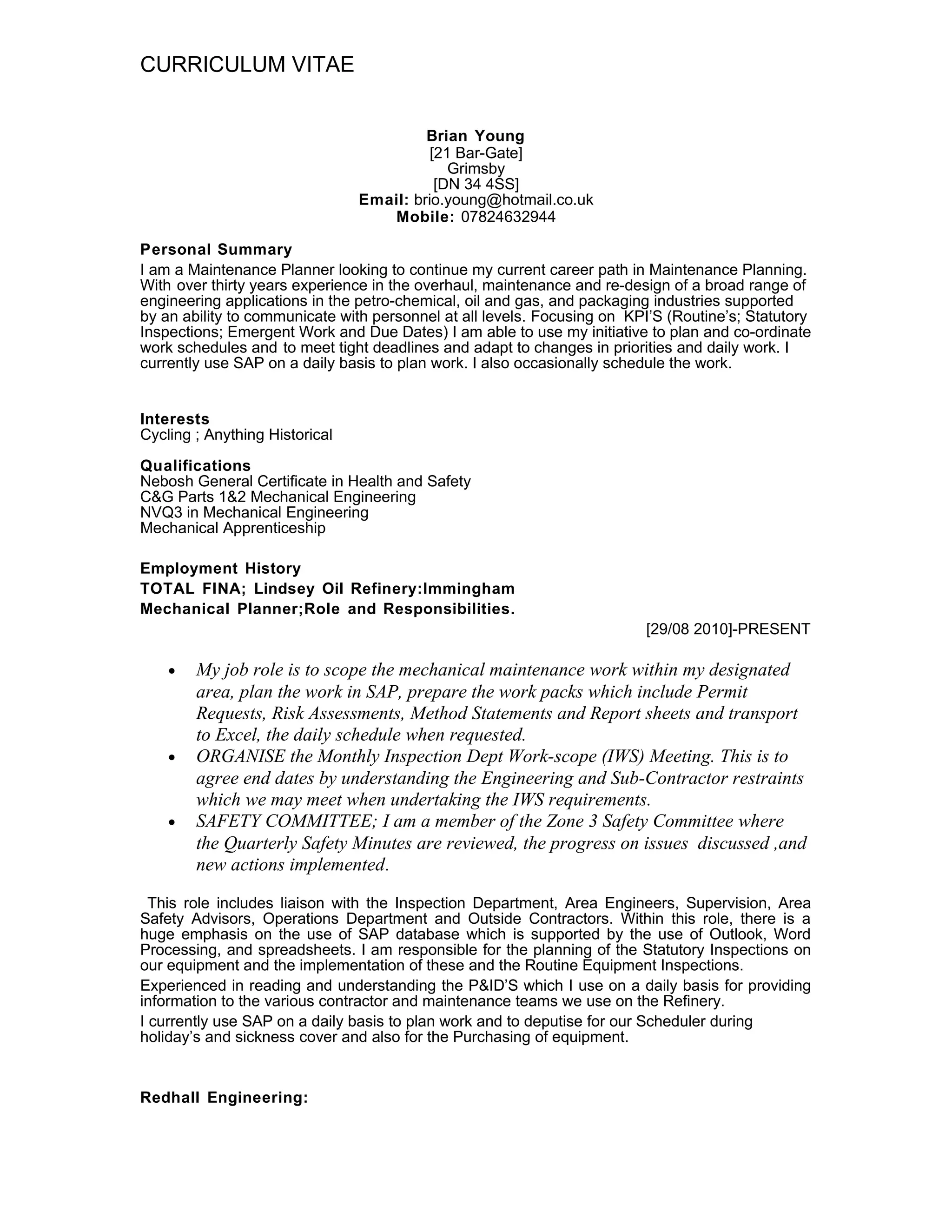 Brian Young CV + covering letter | DOC