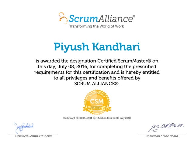 Piyush Kandhari-ScrumAlliance_CSM_Certificate | PDF