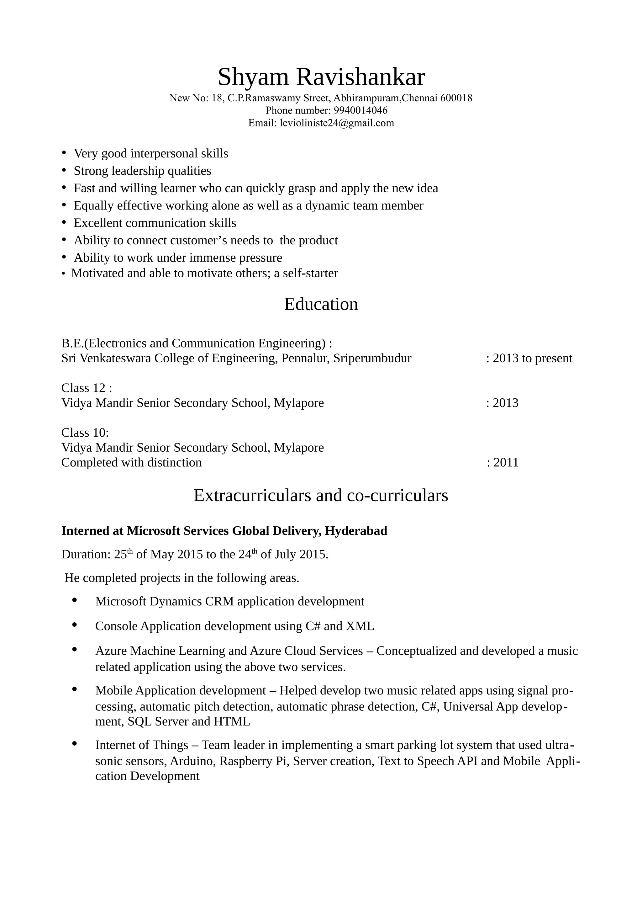 Résumé - Shyam Ravishankar | PDF | Music | Entertainment