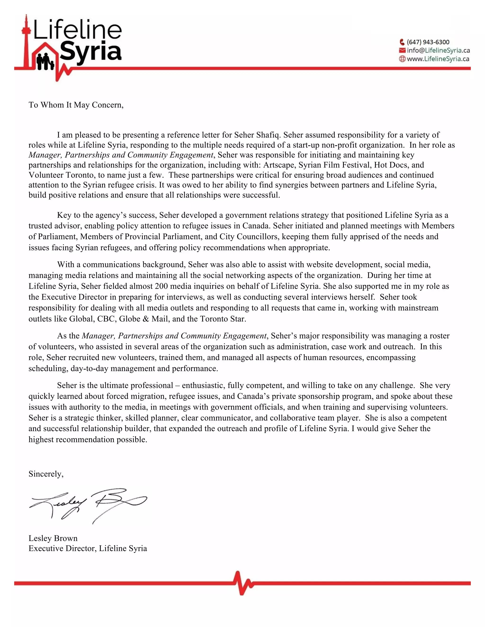 Lifeline Syria Reference Letter - Seher Shafiq | PDF