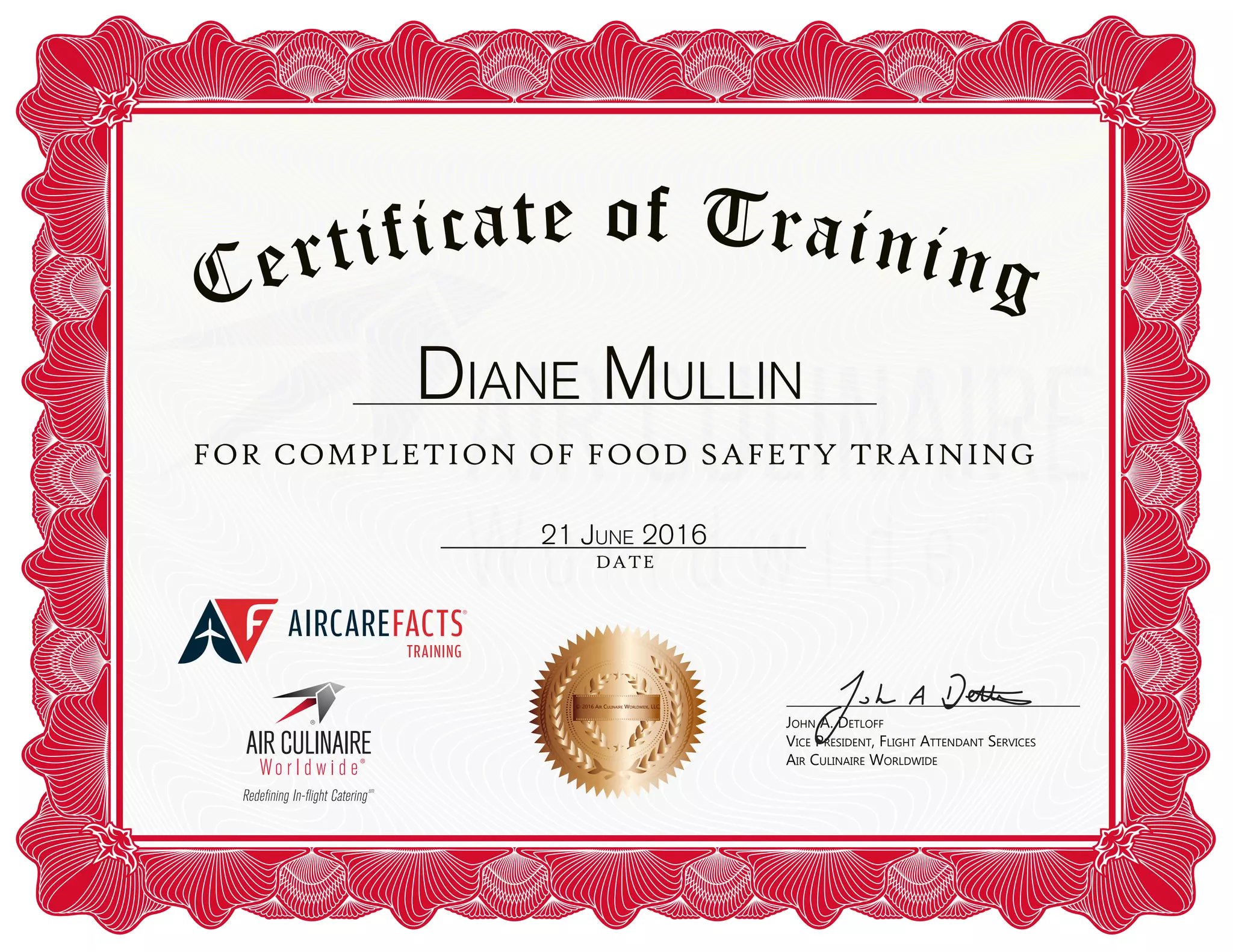 Diane-Mullin-Air Culinaire Worldwide Food Safety Training Certificate ...