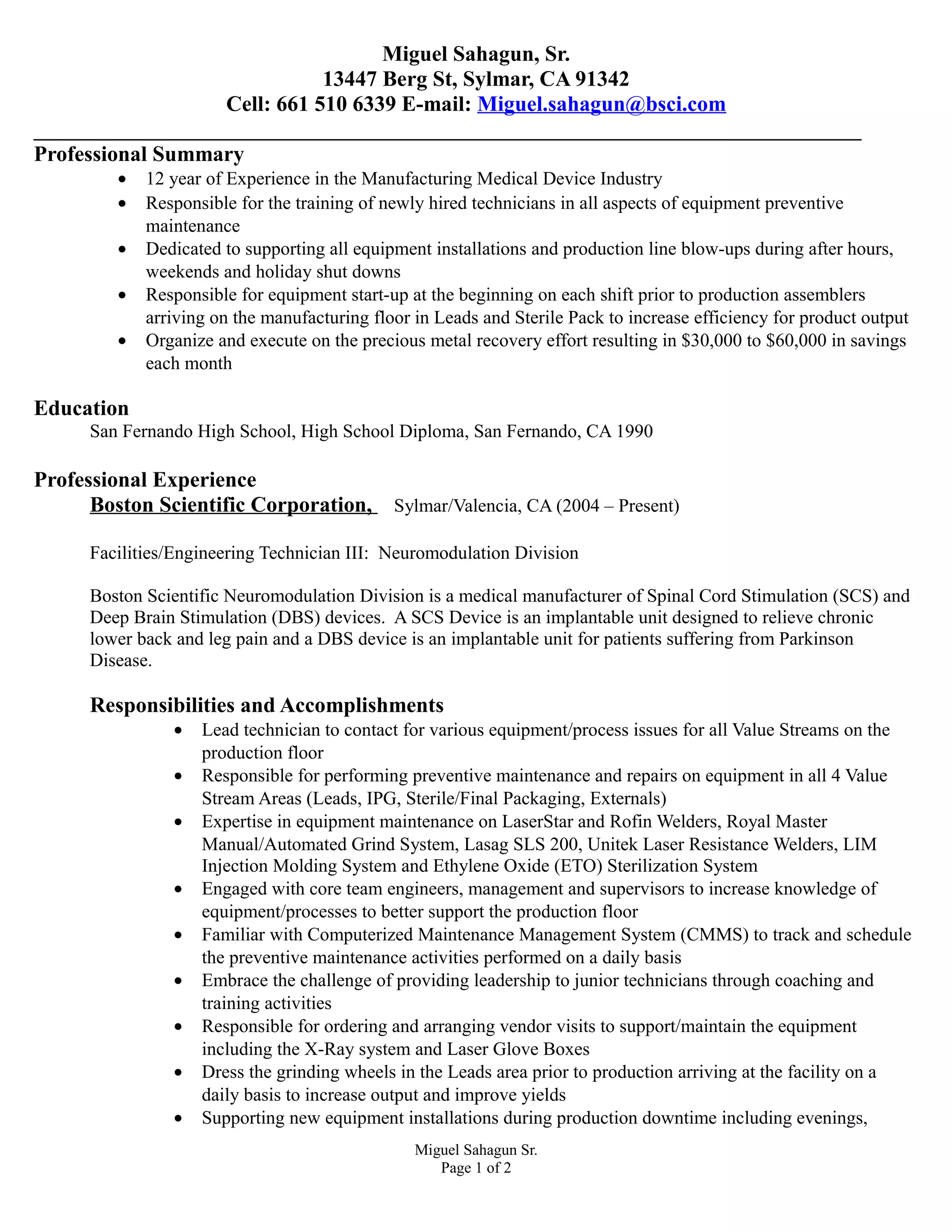 Miguel Sahagun Sr _Resume_2016 | DOC