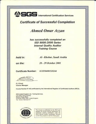 Internal Quality Auditor Certificate | PDF