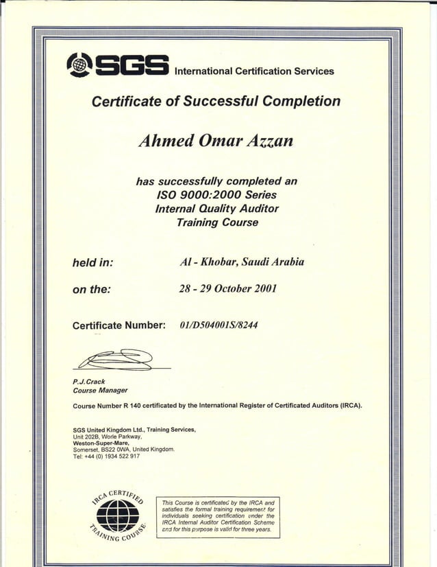 Internal Quality Auditor Certificate | PDF