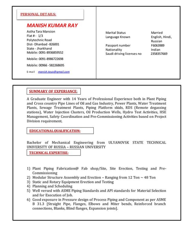 Manish Ray - CV | DOCX