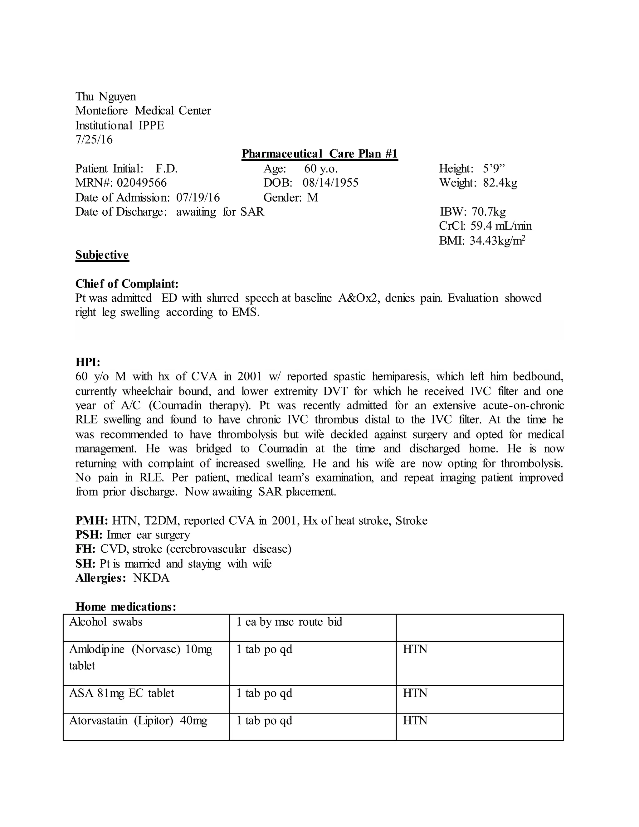 Patient pharmaceutical care plan writeup | DOCX | Blood Disorders ...