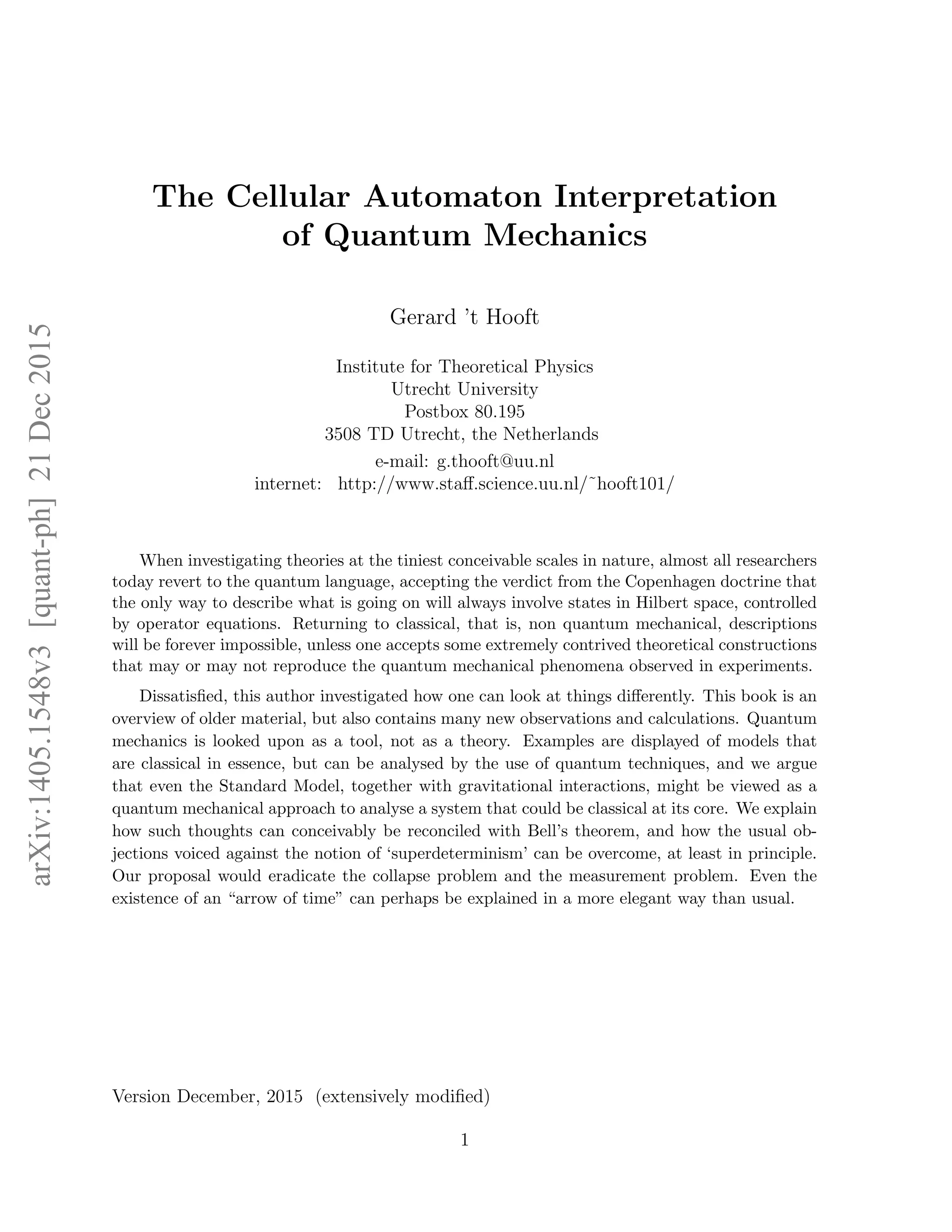 The Cellular Automaton Interpretation of Quantum Mechanics | PDF