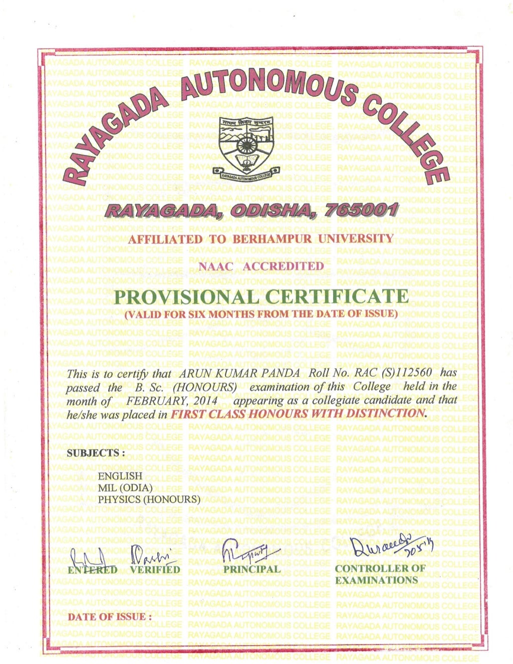 Provisional Certificate Provisional Certificate