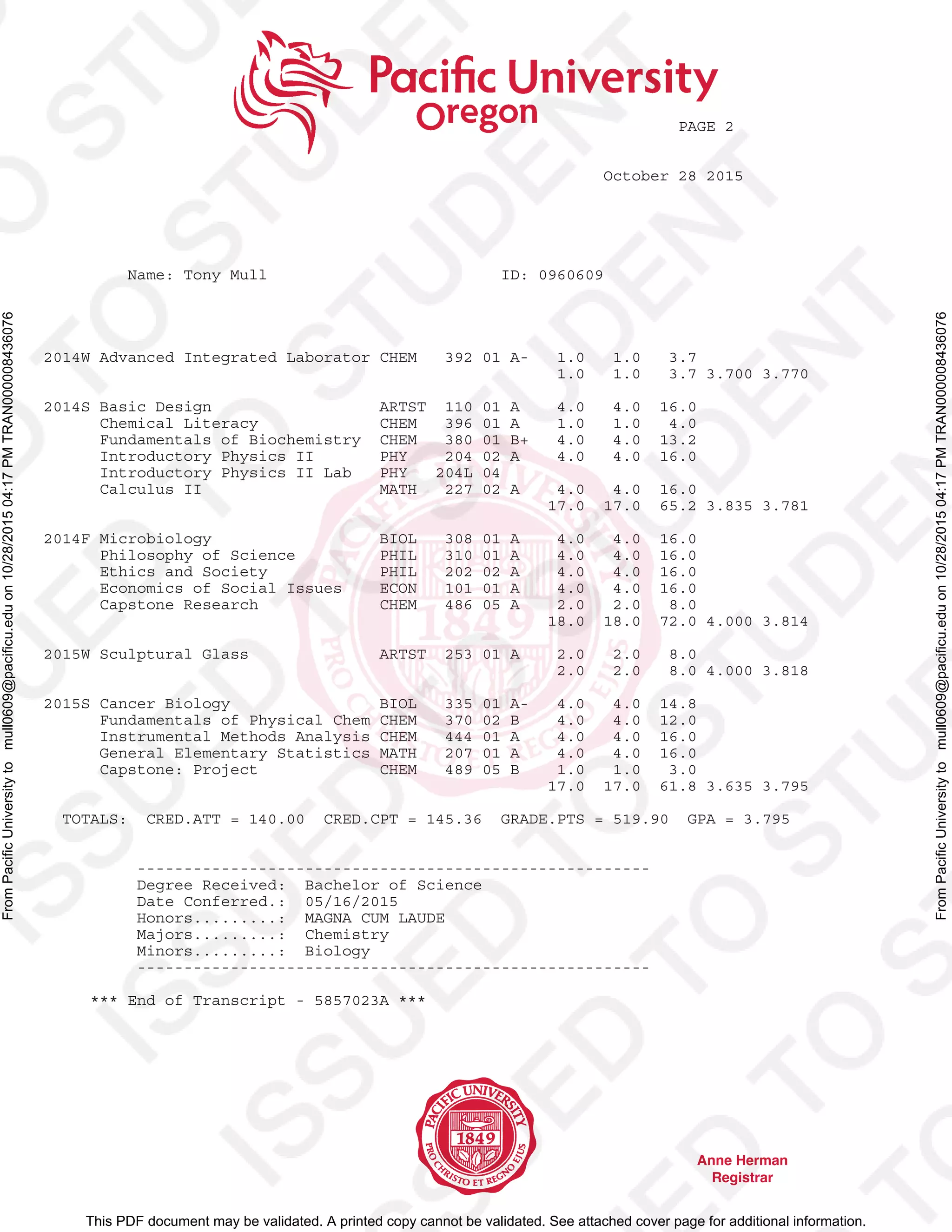 Tony Mull Pacific University Transcript | PDF