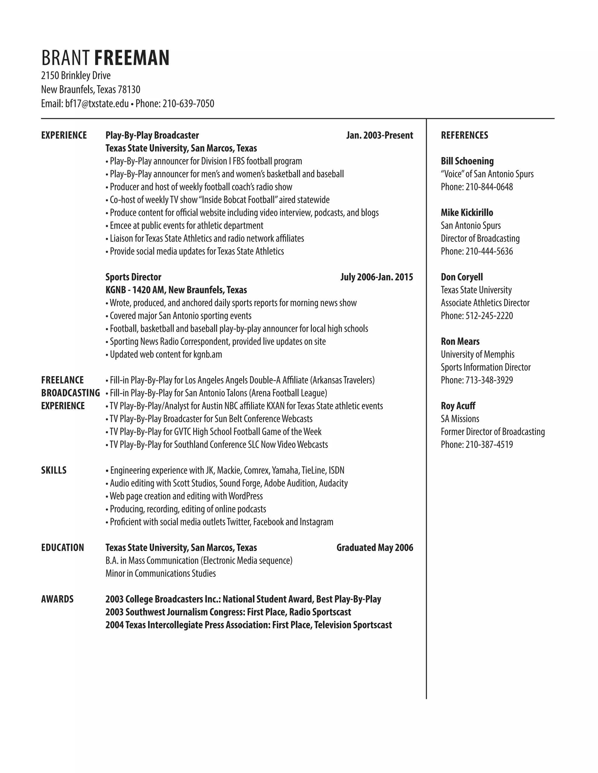 Brant Freeman Resume | PDF | Sports Radio | Genres