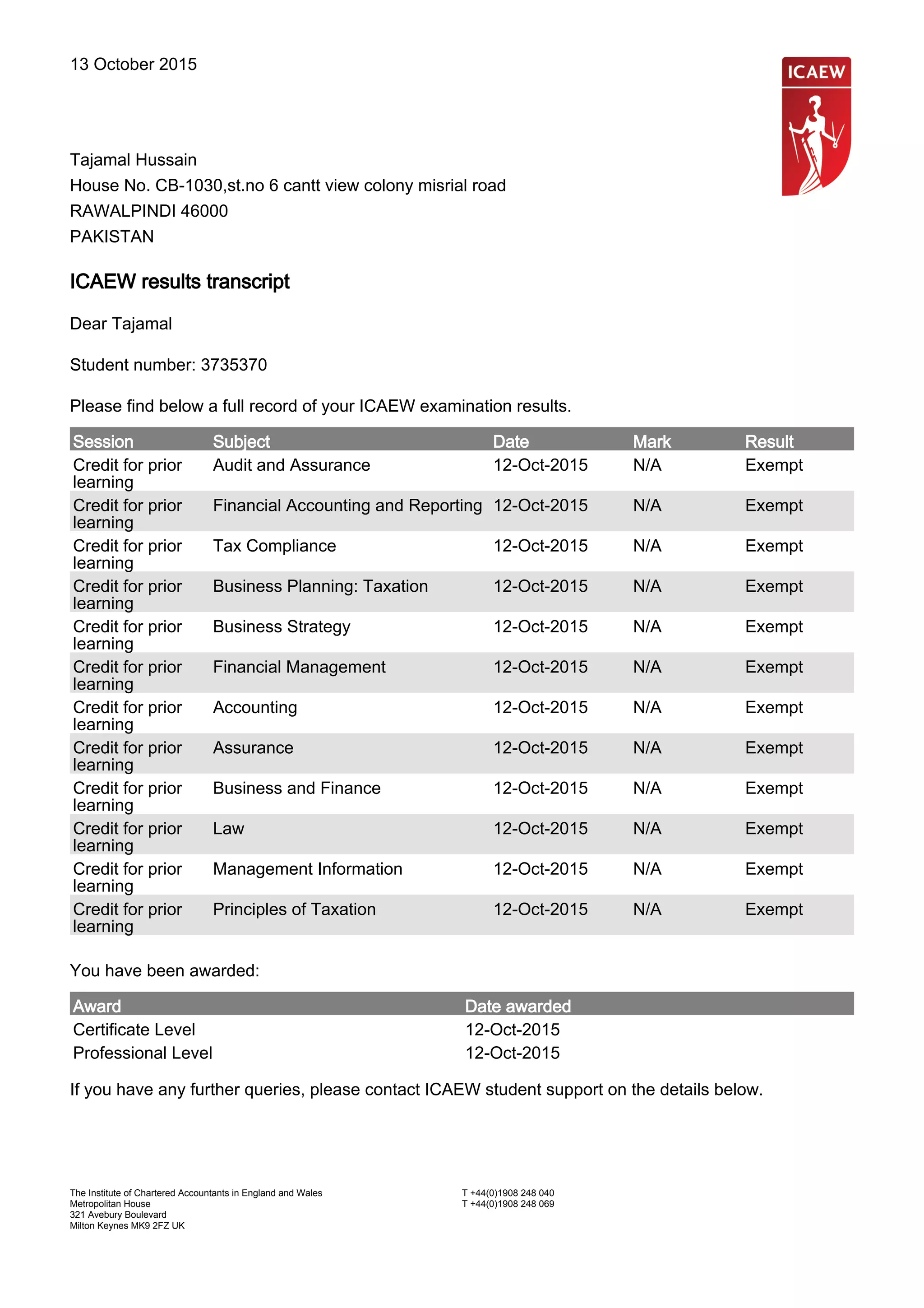 ICAEW_MyExamsTranscript (1) | PDF