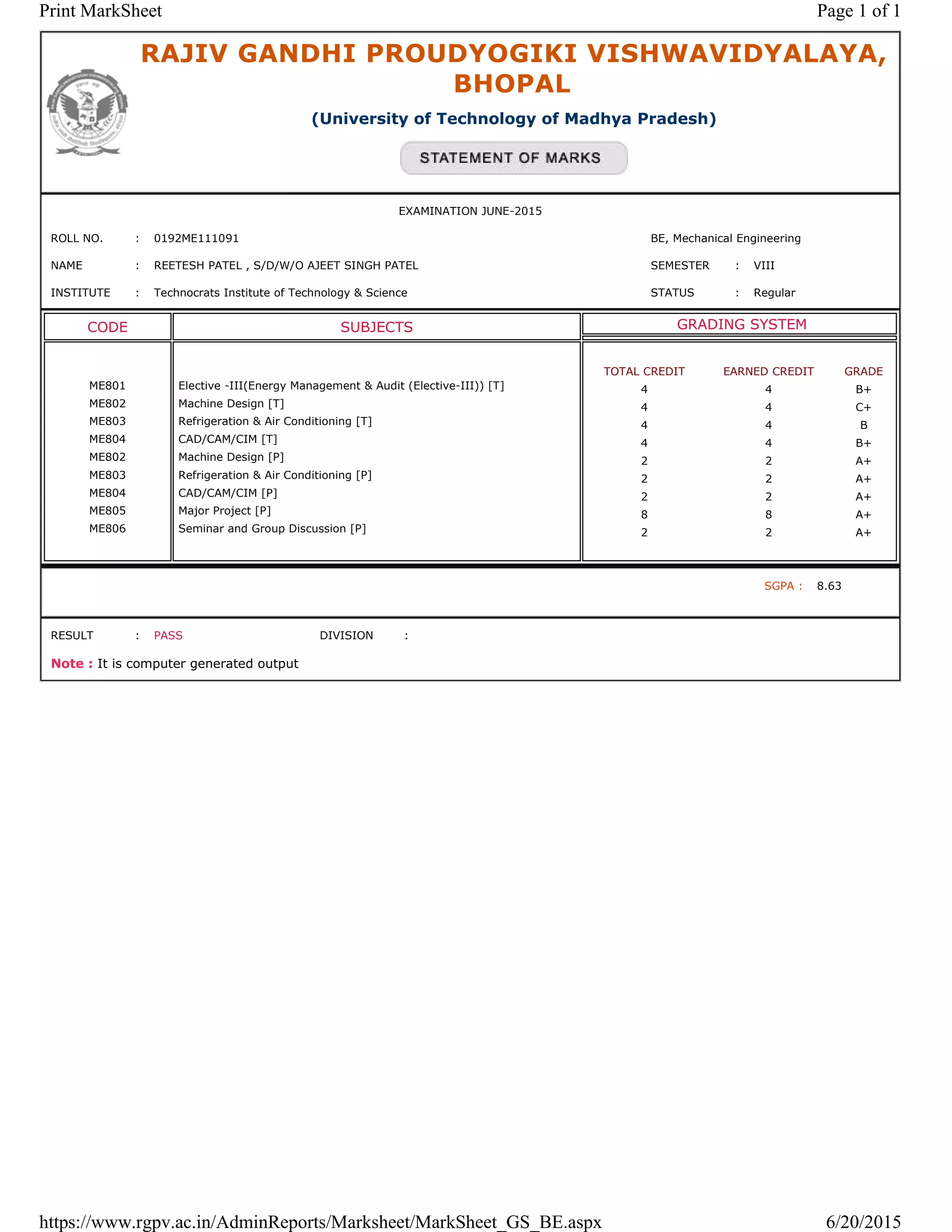 MarkSheet_8th | PDF