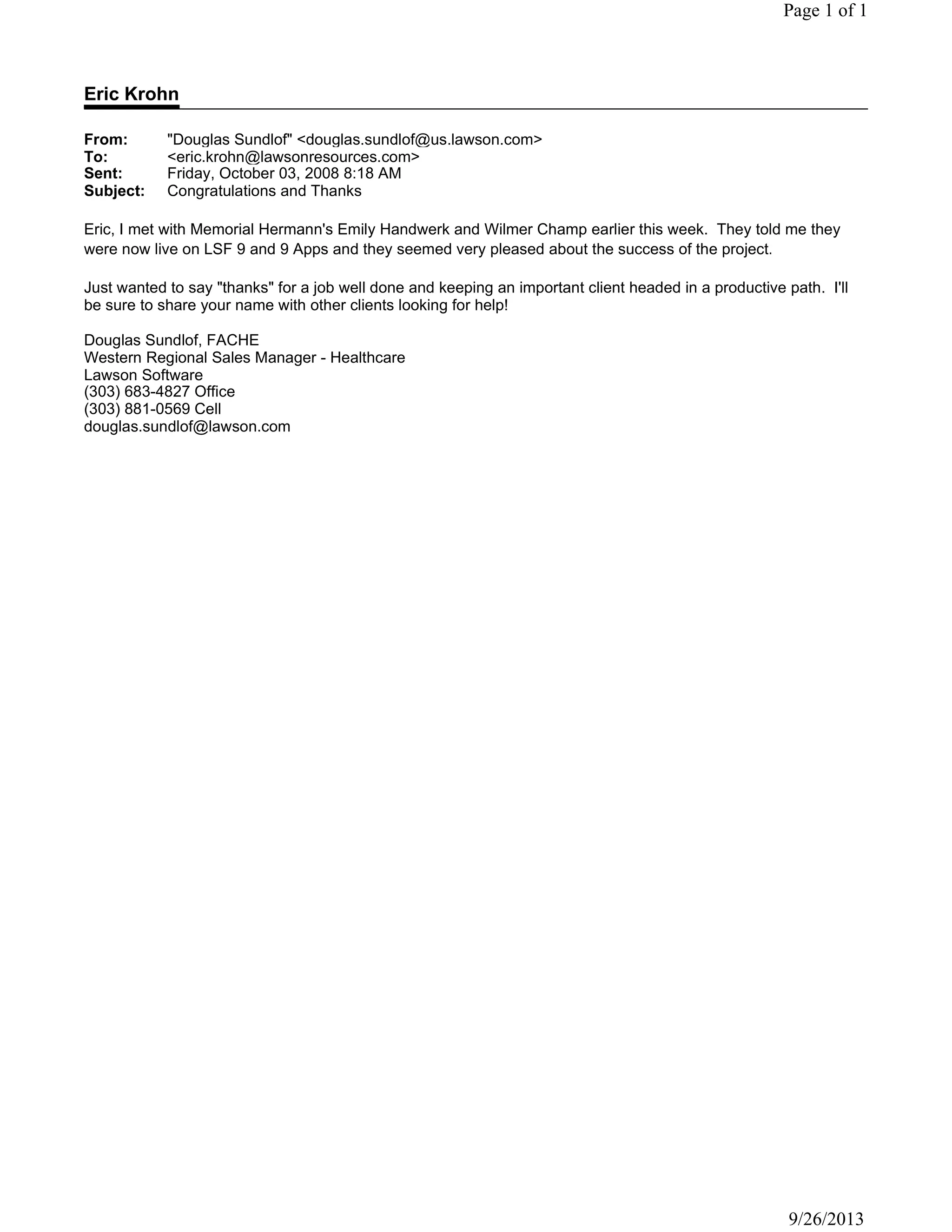 Lawson Software - Thank you for Memorial Hermann Health System | PDF