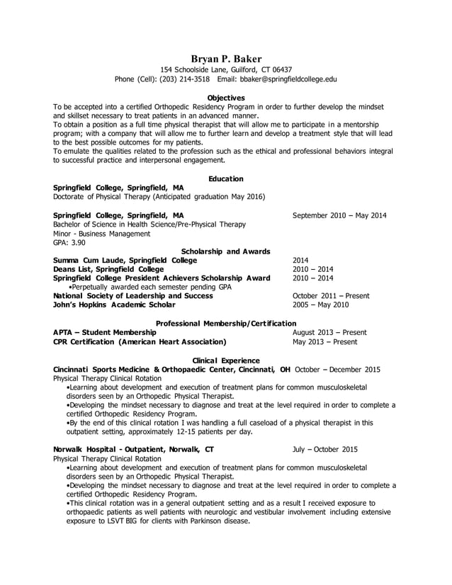 Resume_Bryan Baker, SPT | DOCX | Physical Therapy | Wellness