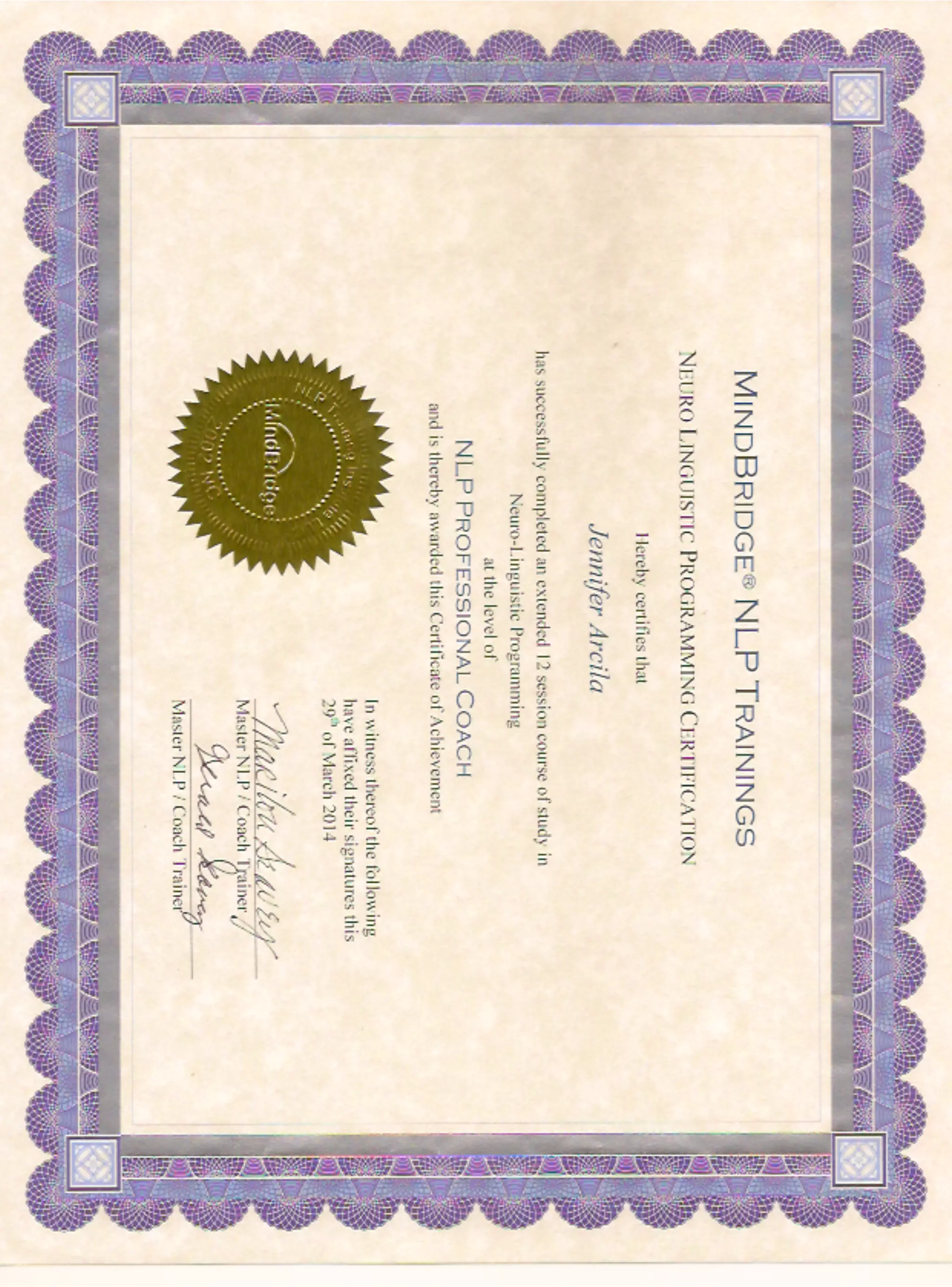 Professional NLP Coach Diploma - Mindbridge, 2015 - Jennifer ARCILA | PDF