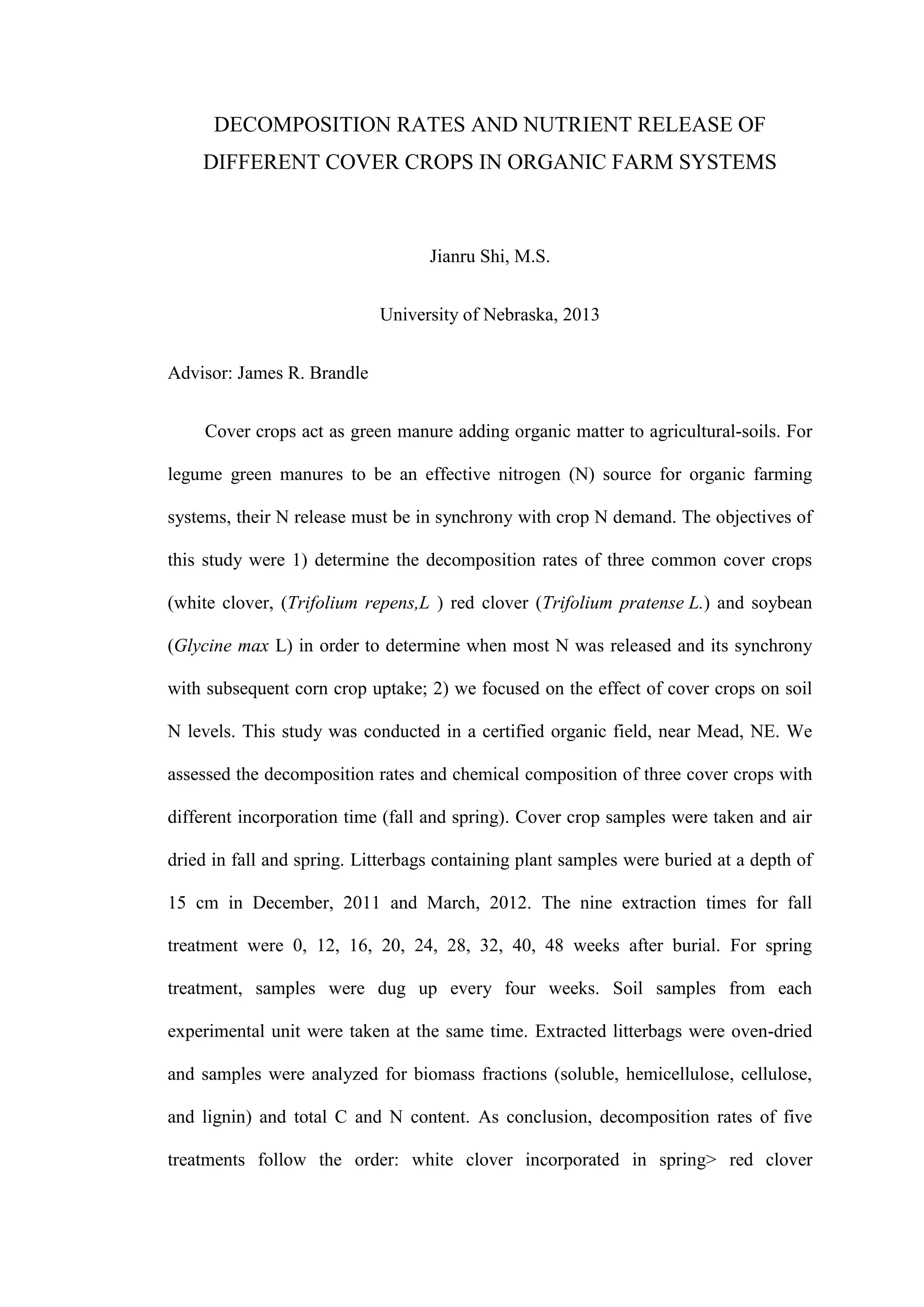 Decomposition and Nutrient Release of Different Cover Crops in Organic ...
