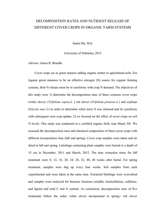 Decomposition and Nutrient Release of Different Cover Crops in Organic Farm System | PDF