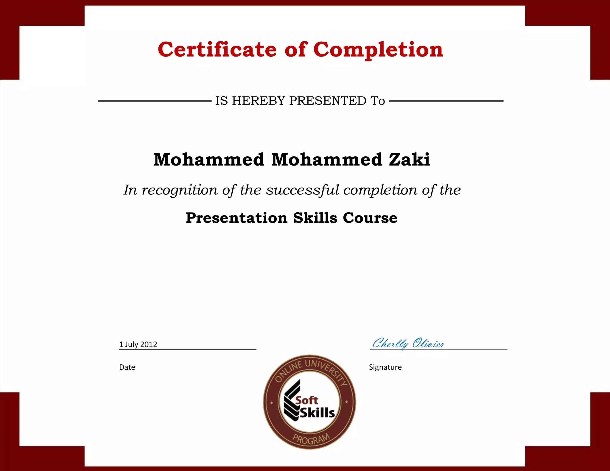 Mohammed Mohammed Zaki Presentation Skills Certificate | PDF